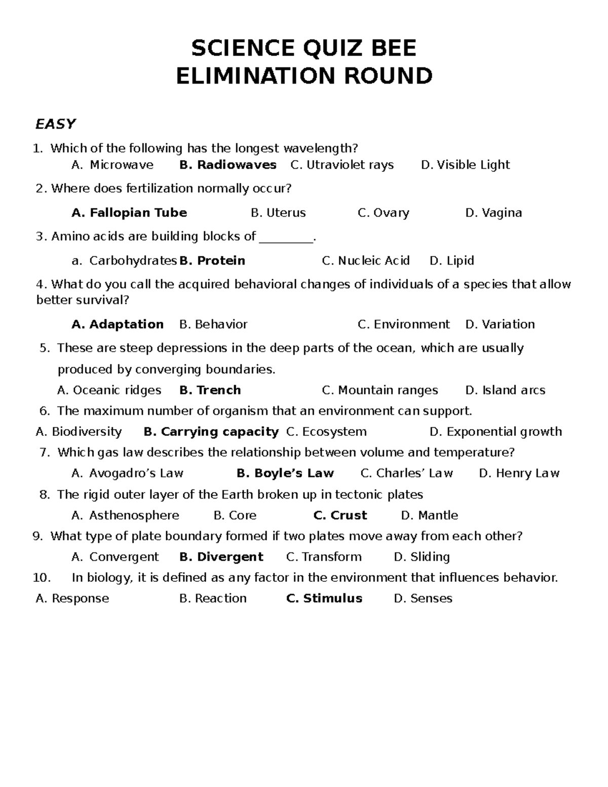 Science QUIZ BEE Elimination Round - SCIENCE QUIZ BEE ELIMINATION ROUND ...
