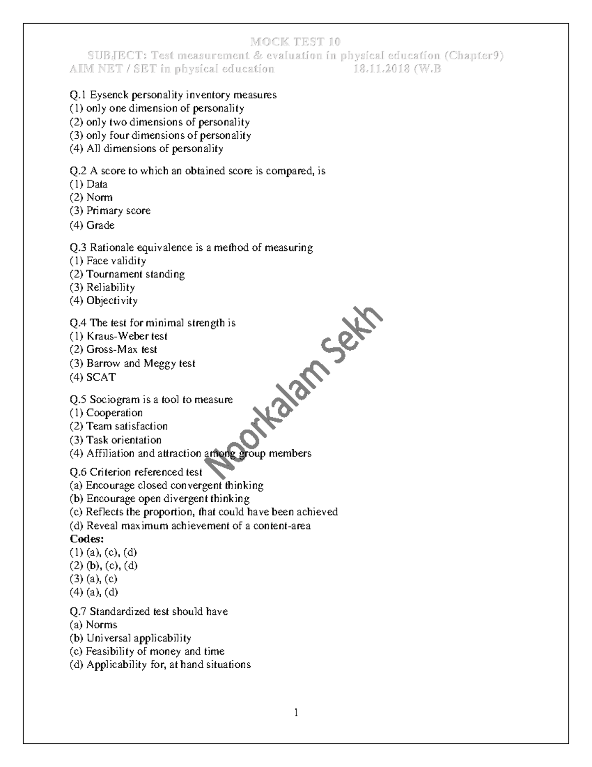 MOCK TEST 10 - exercise purpose only. - SUBJECT: Test measurement ...