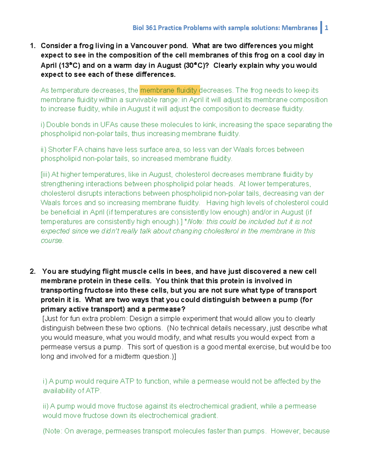 Membrane practice problems Sample solutions - Biol 361 Practice ...