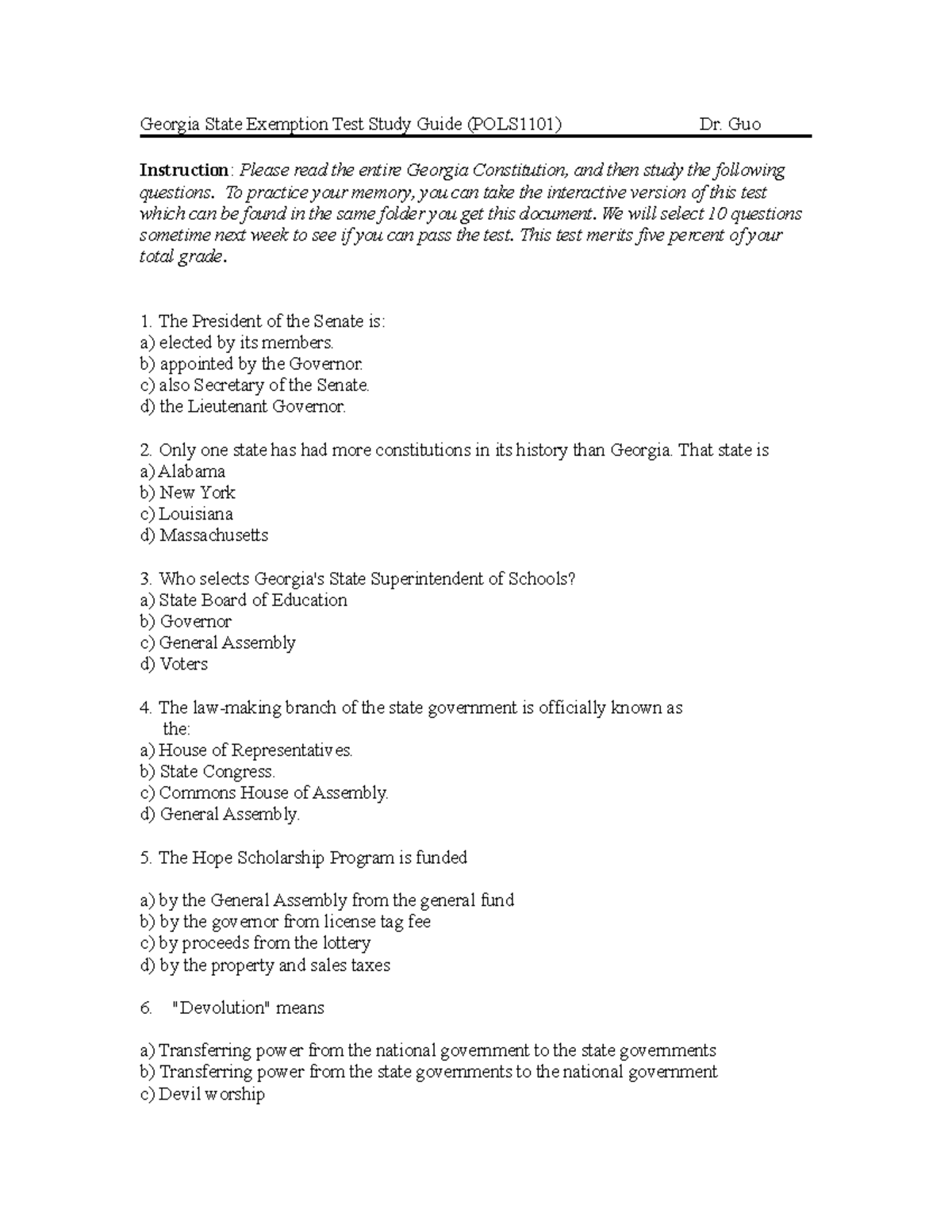 Georgia State Exemption Test Study Guide - Guo Instruction: Please read ...
