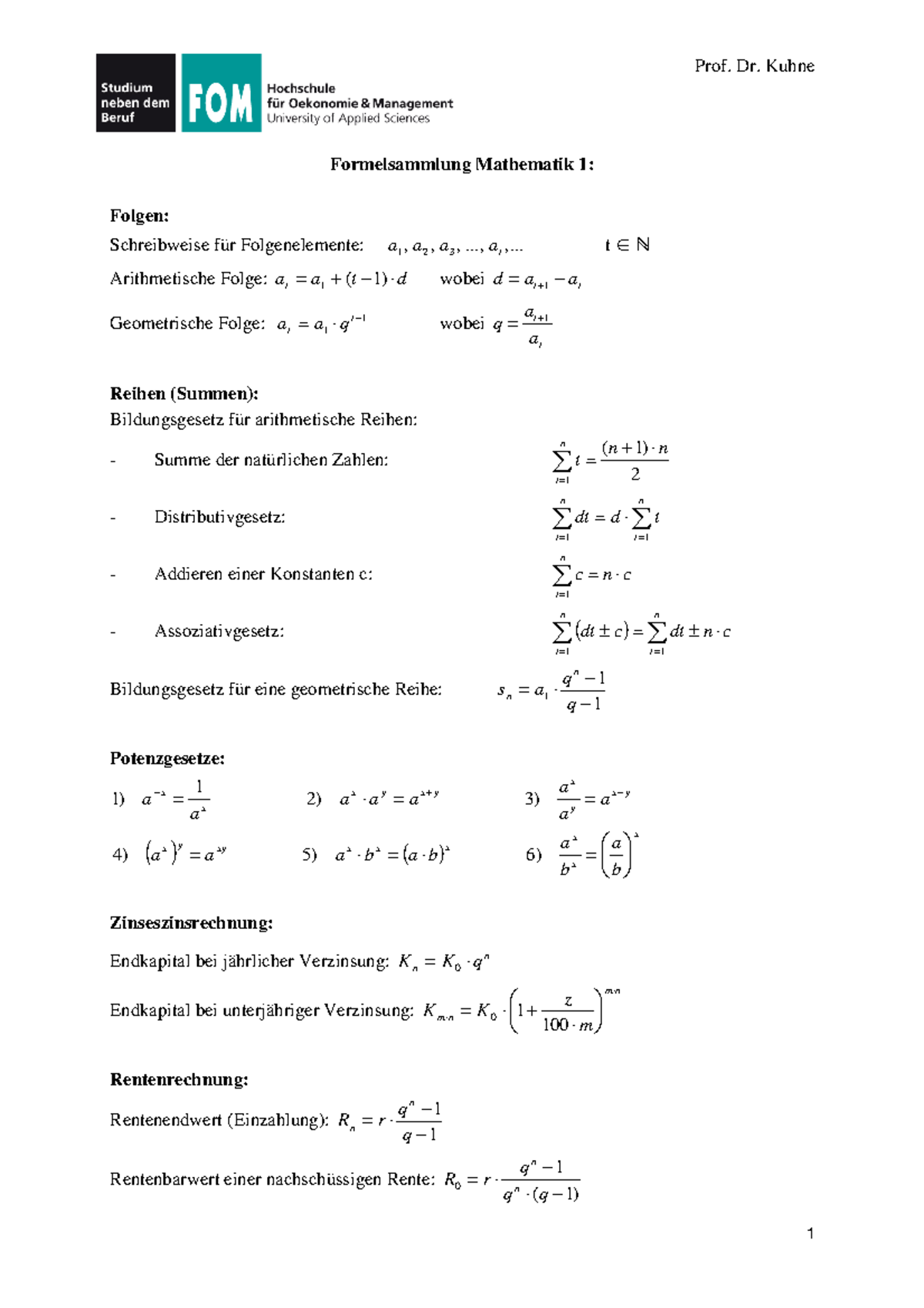 9 Formelsammlung Mathe 1 - Prof. Dr. Kuhne Formelsammlung Mathematik 1 ...