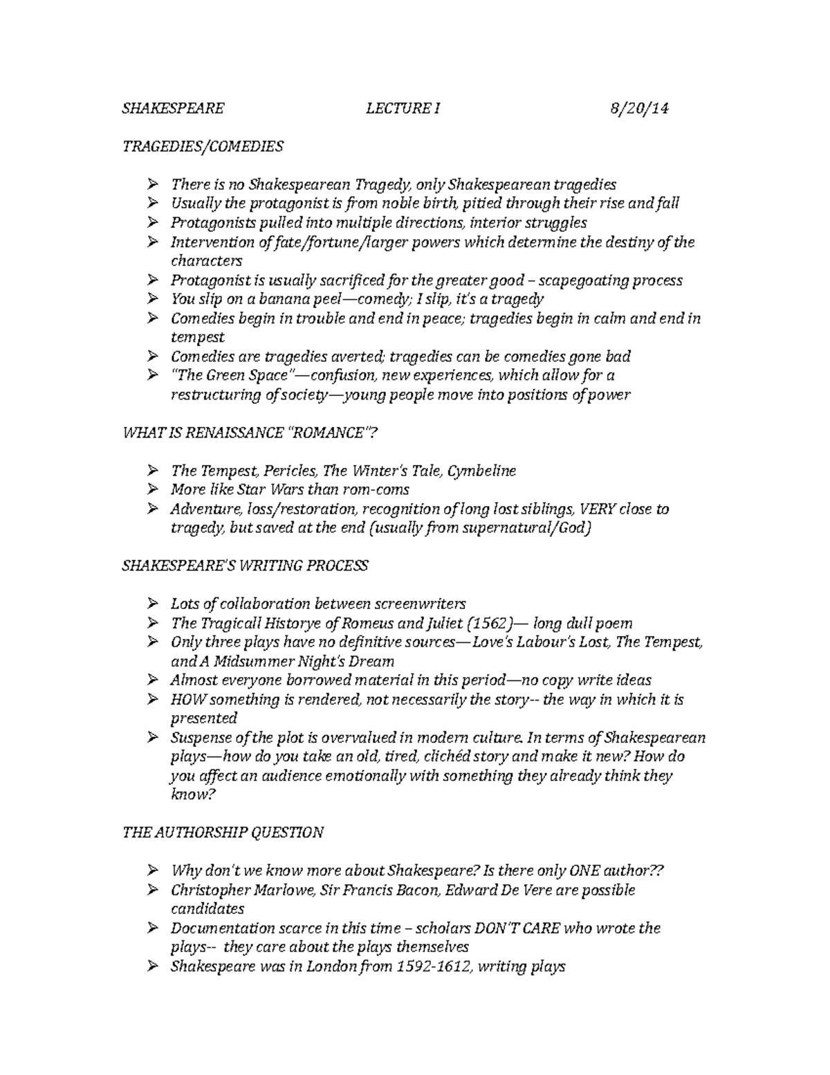 Shakespeare Lectures - Lecture notes 8 - SHAKESPEARE LECTURE I 8/20 ...