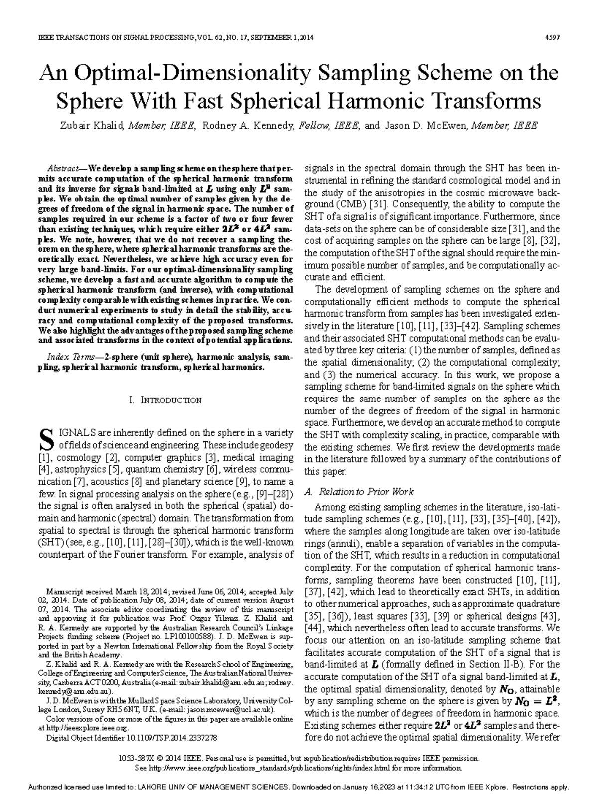 An Optimal-Dimensionality Sampling Scheme on the Sphere With Fast Spherical Harmonic Transforms ...