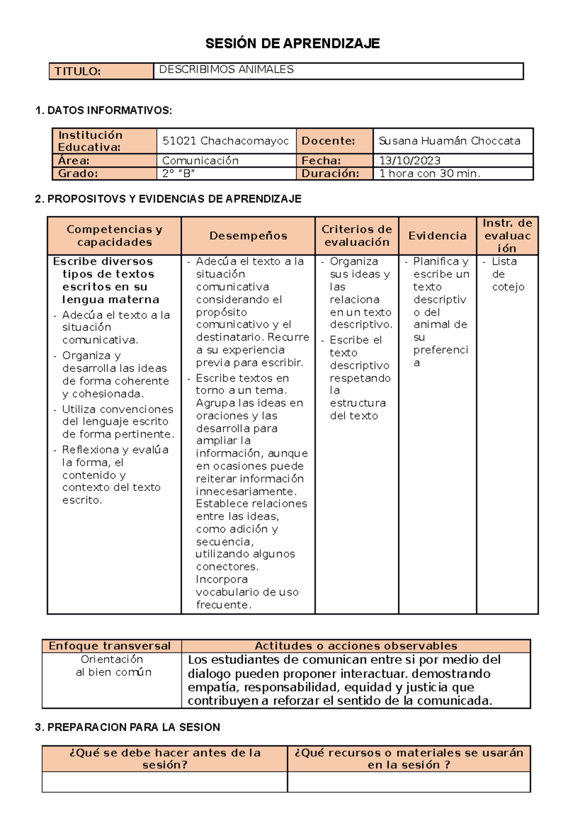 Sesión DE Aprendizaje descripcion de animales - SESIÓN DE APRENDIZAJE TITULO: DESCRIBIMOS ...