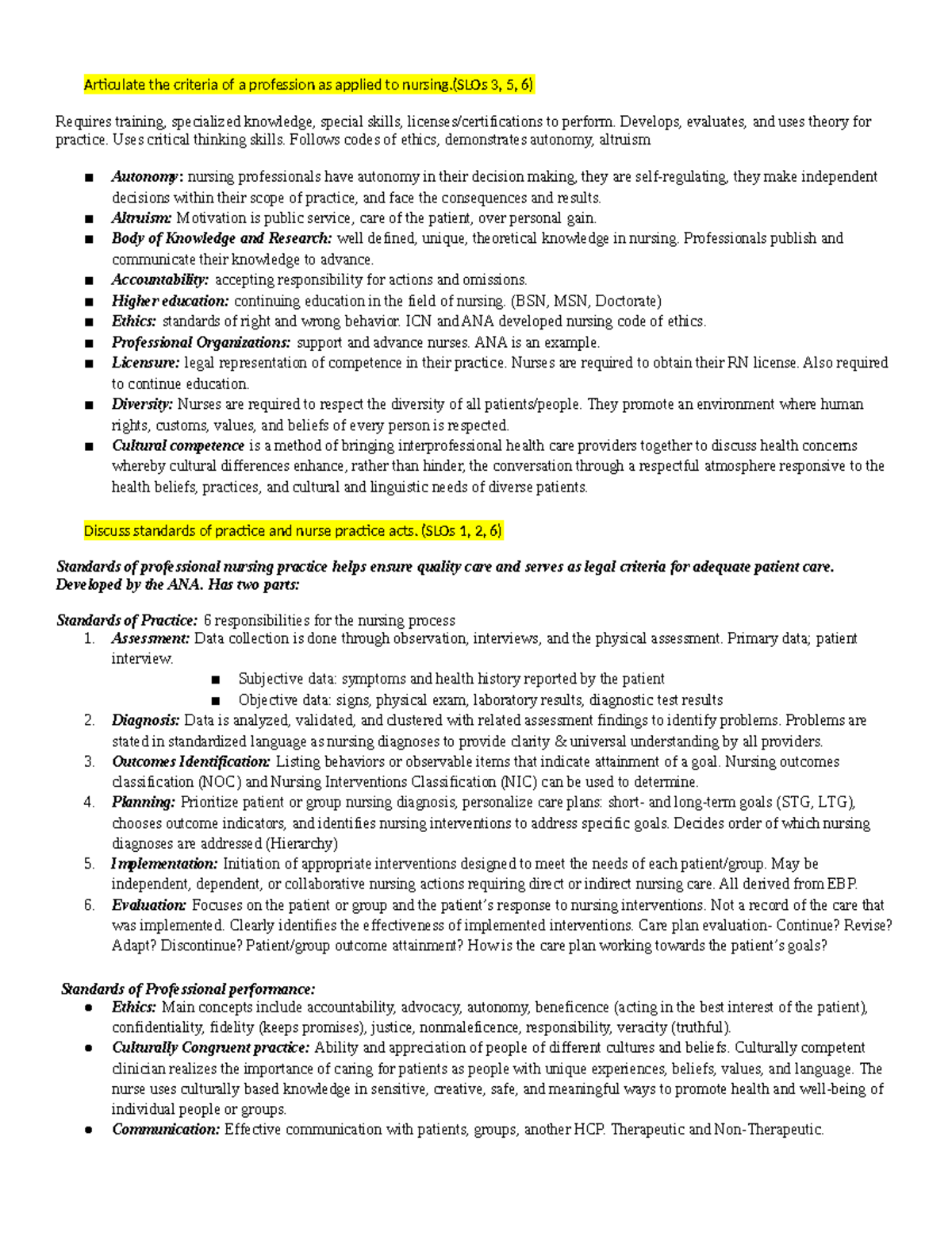 Exam 1 Study Guide - Articulate the criteria of a profession as applied ...