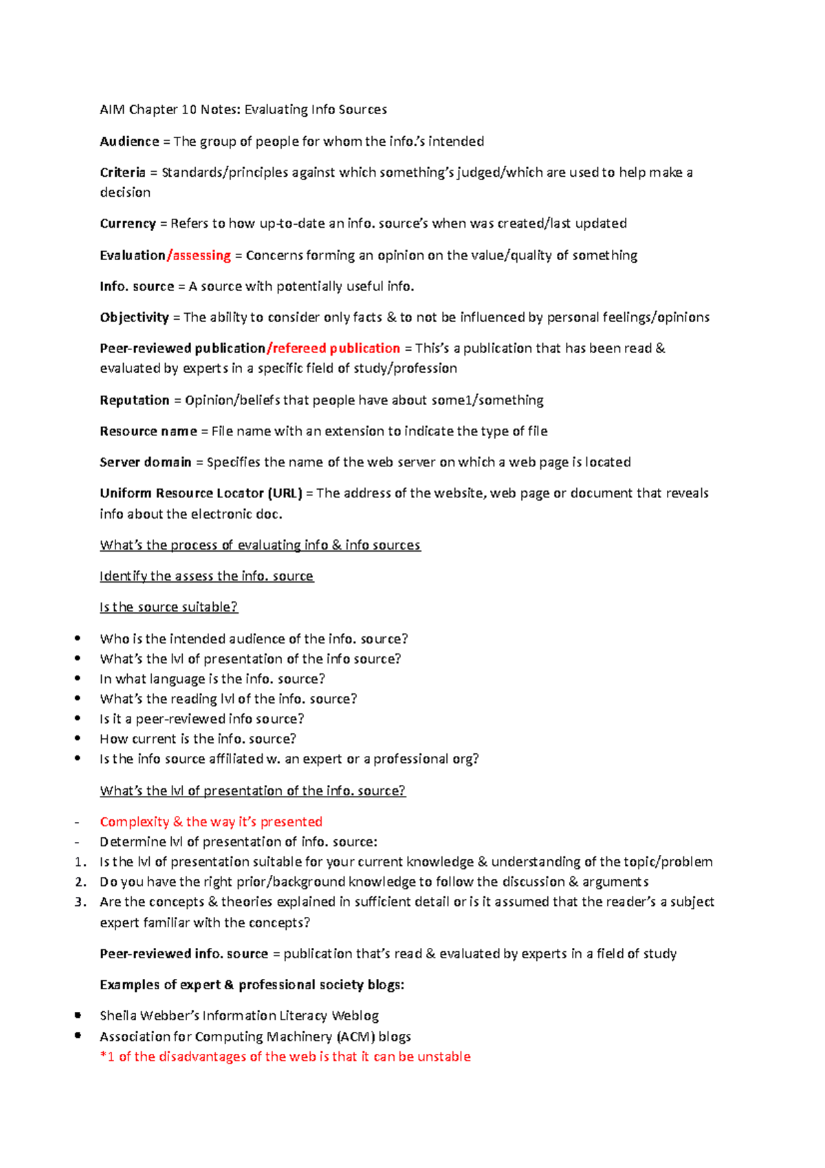 AIM Chapter 9 Notes - AIM Chapter 10 Notes: Evaluating Info Sources ...