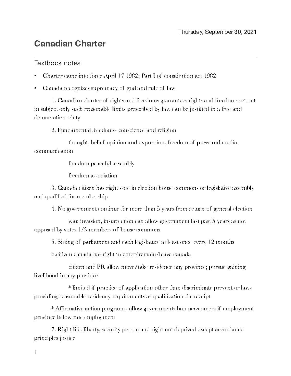 Canadian charter of rights & freedoms notes - Canadian Charter Te x t b ...
