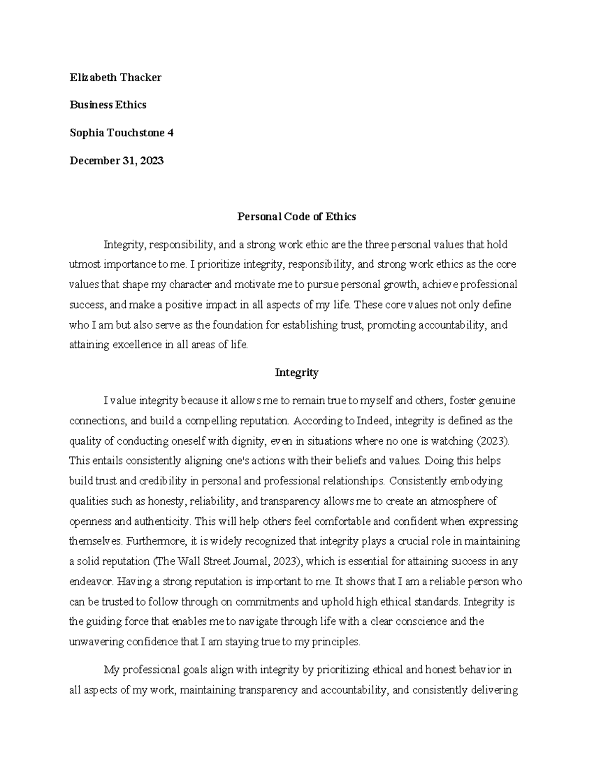 Personal Code of Ethics DONE - Elizabeth Thacker Business Ethics Sophia ...