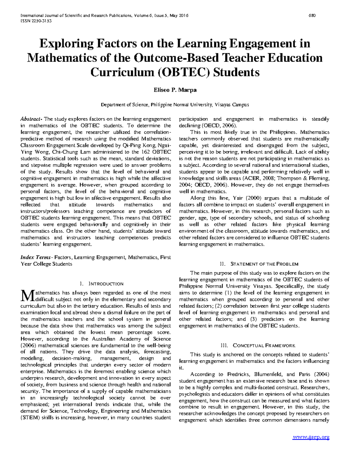 Ijsrp-p53107 - ISSN 2250- Exploring Factors on the Learning Engagement ...