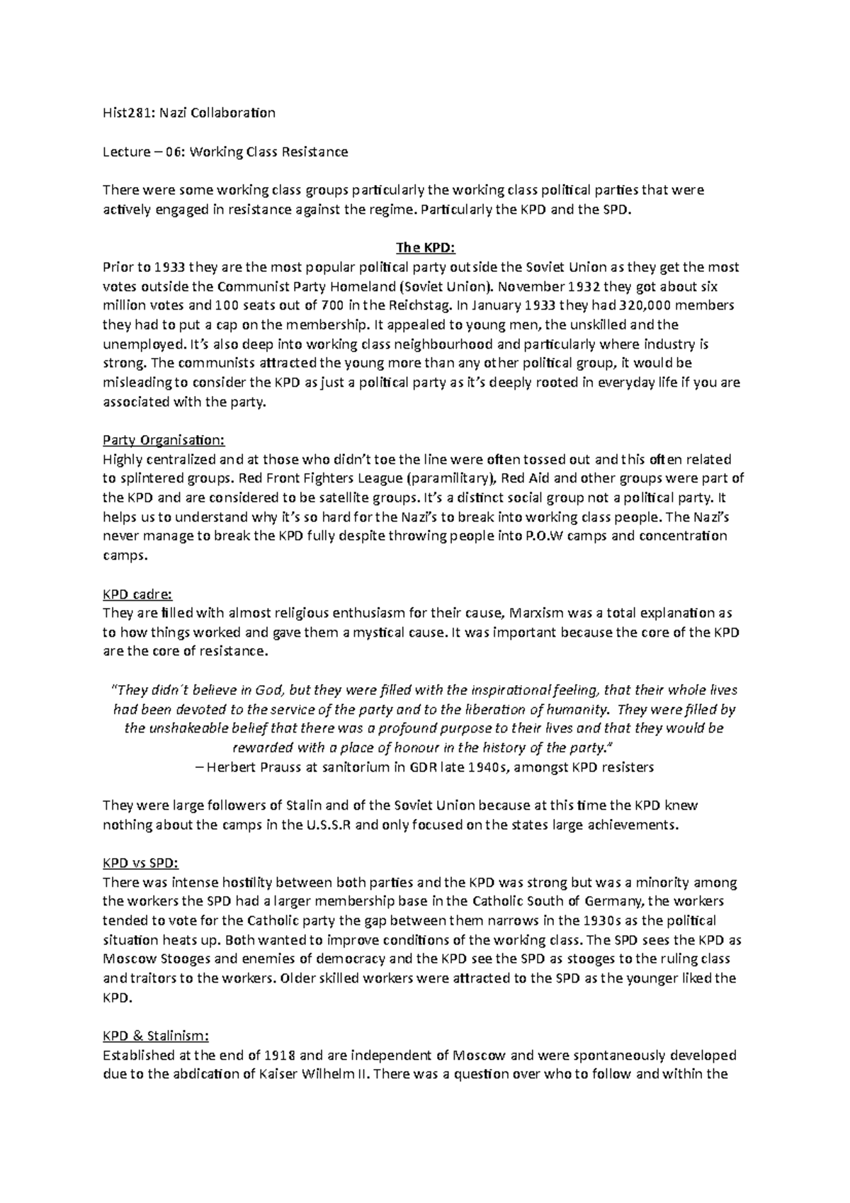 Lecture 6 - Working-Class Resistance - StuDocu