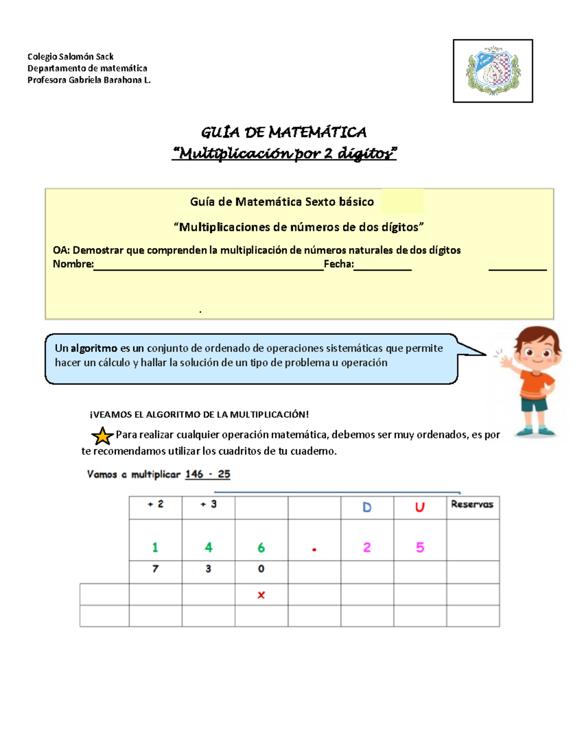 Guia 6to multiplicacion - Colegio SalomÛn Sack Departamento de matem ...