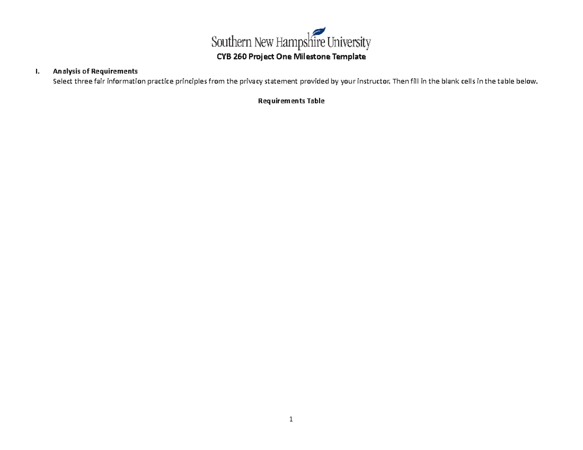 CYB 260 Project One Milestone Template - Analysis of Requirements ...
