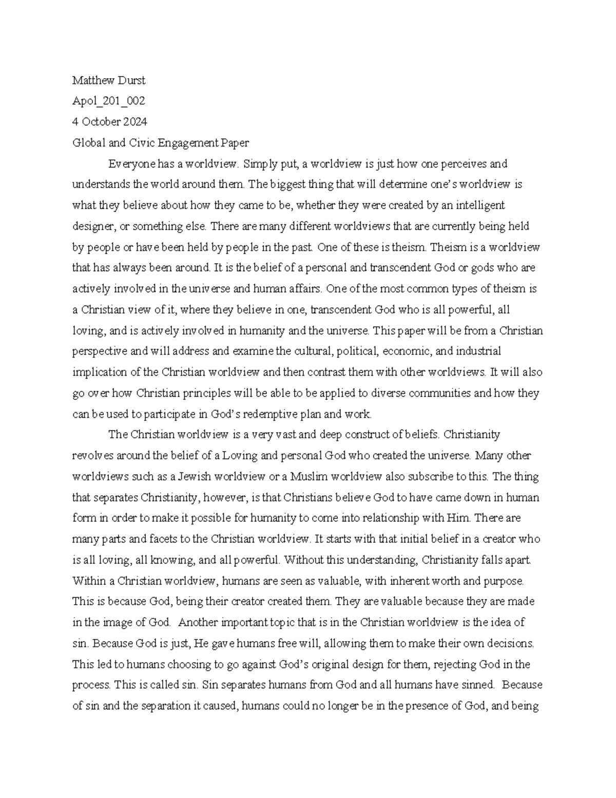APOL Essay OCT - Matthew Durst Apol_201_ 4 October 2024 Global and ...