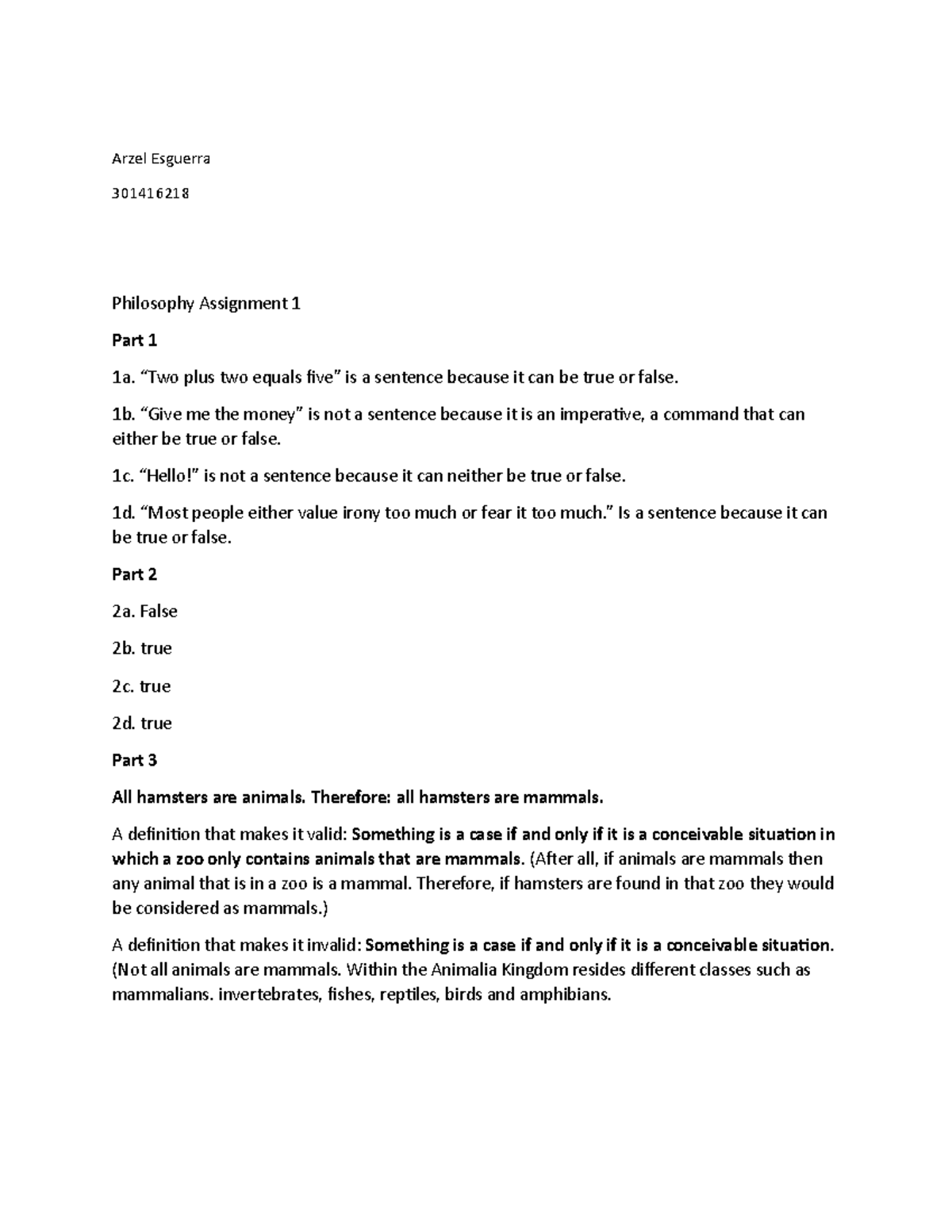 Philosophy Assignment 1 - Arzel Esguerra 301416218 Philosophy ...