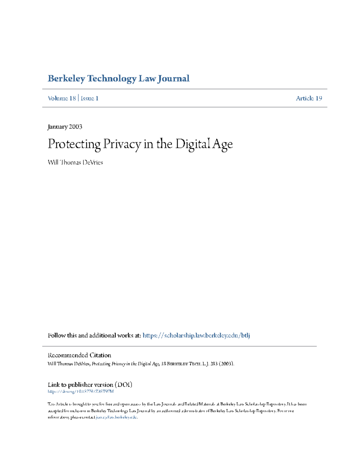 Protecting Privacy in the Digital Age - Berkeley Technology Law Journal ...