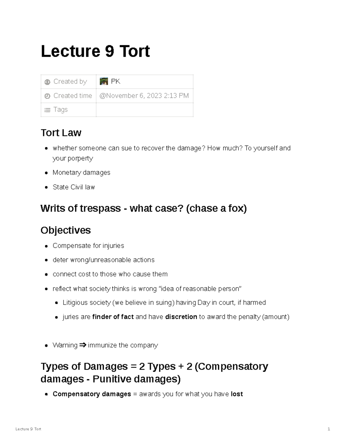 Lecture 9 Introduction to Tort Law - Lecture 9 Tort Created by PK ...