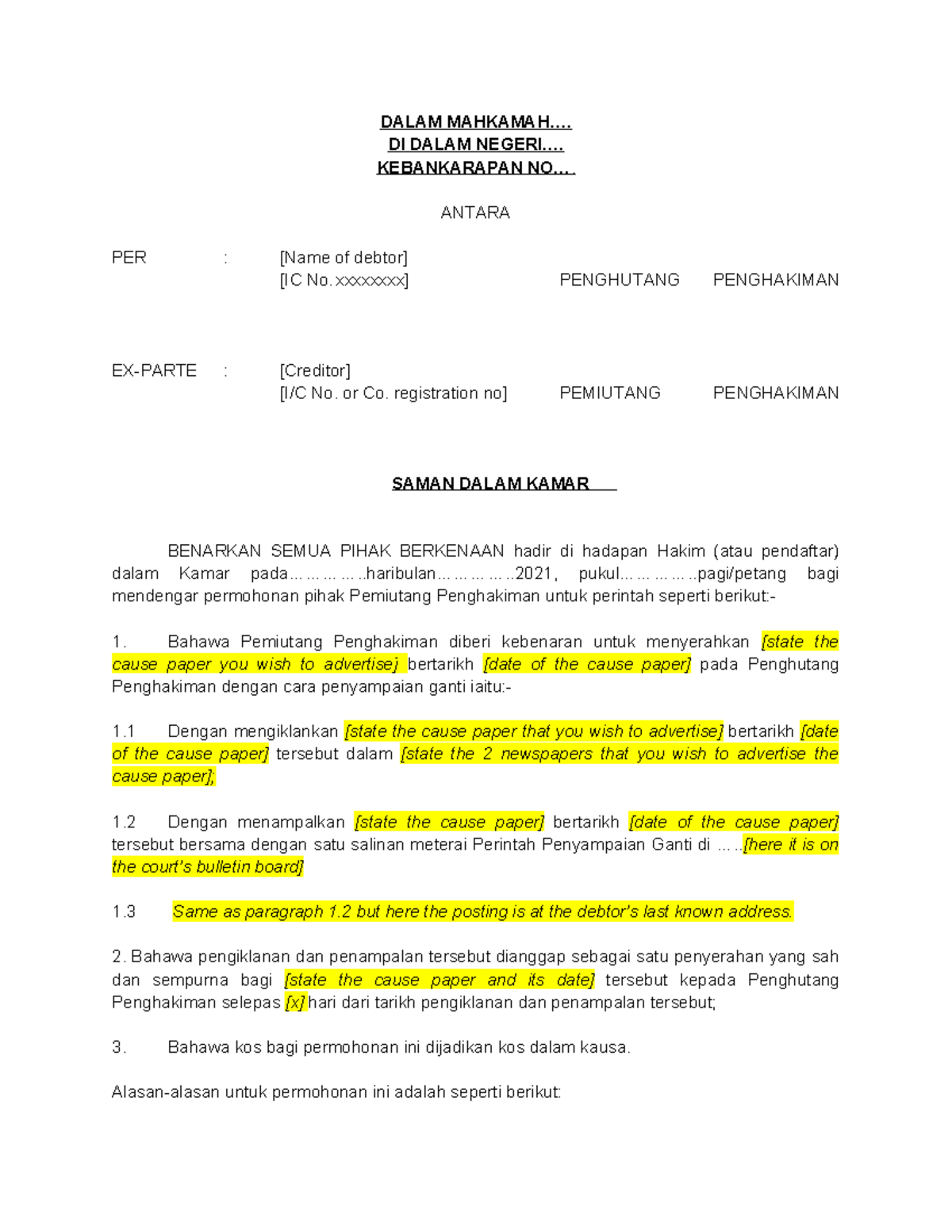 Saman Dalam Kamar (Sample of Document) - DALAM MAHKAMAH.... DI DALAM ...