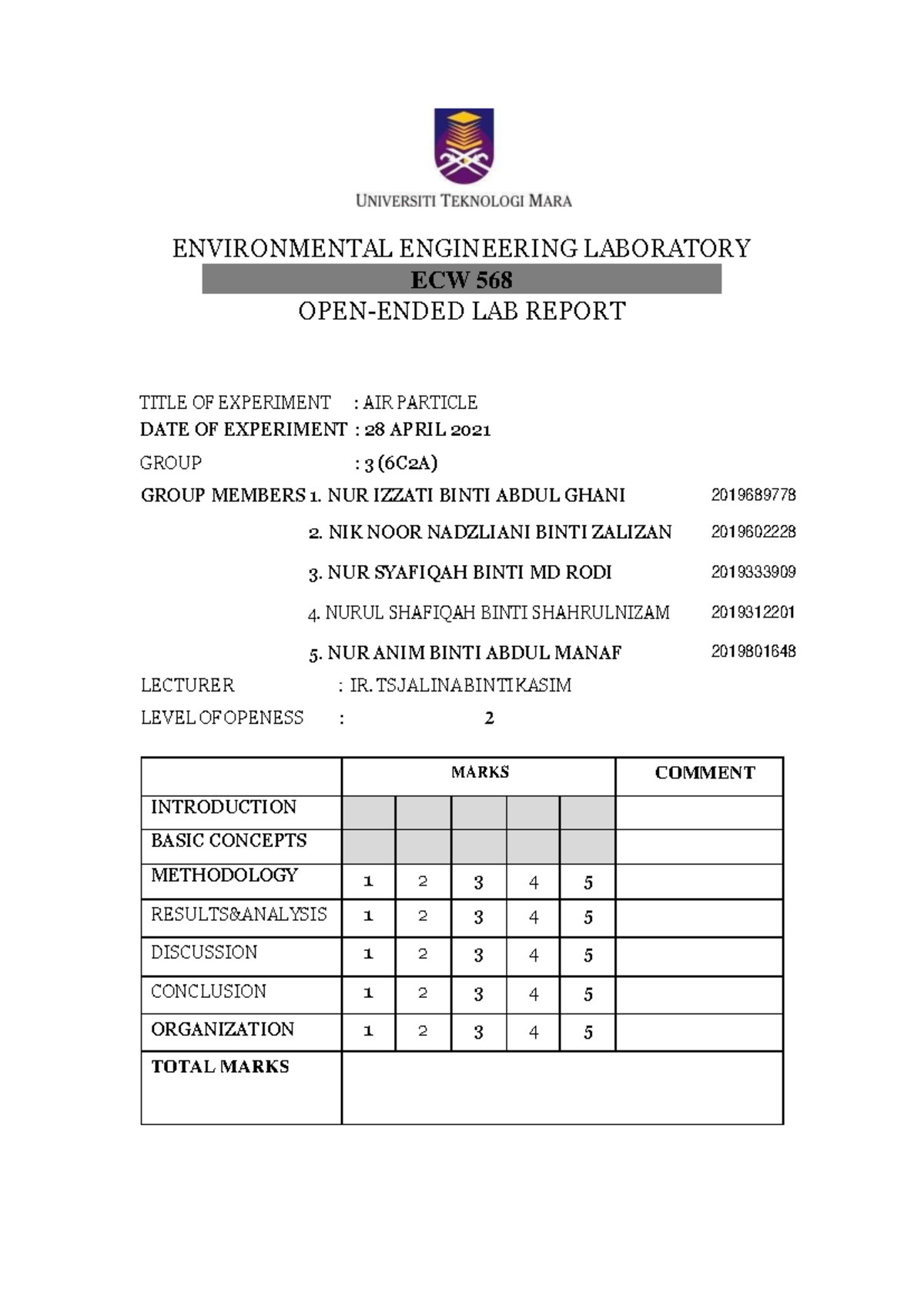 Air particle lab report - ENVIRONMENTAL ENGINEERING LABORATORY ECW 568 ...