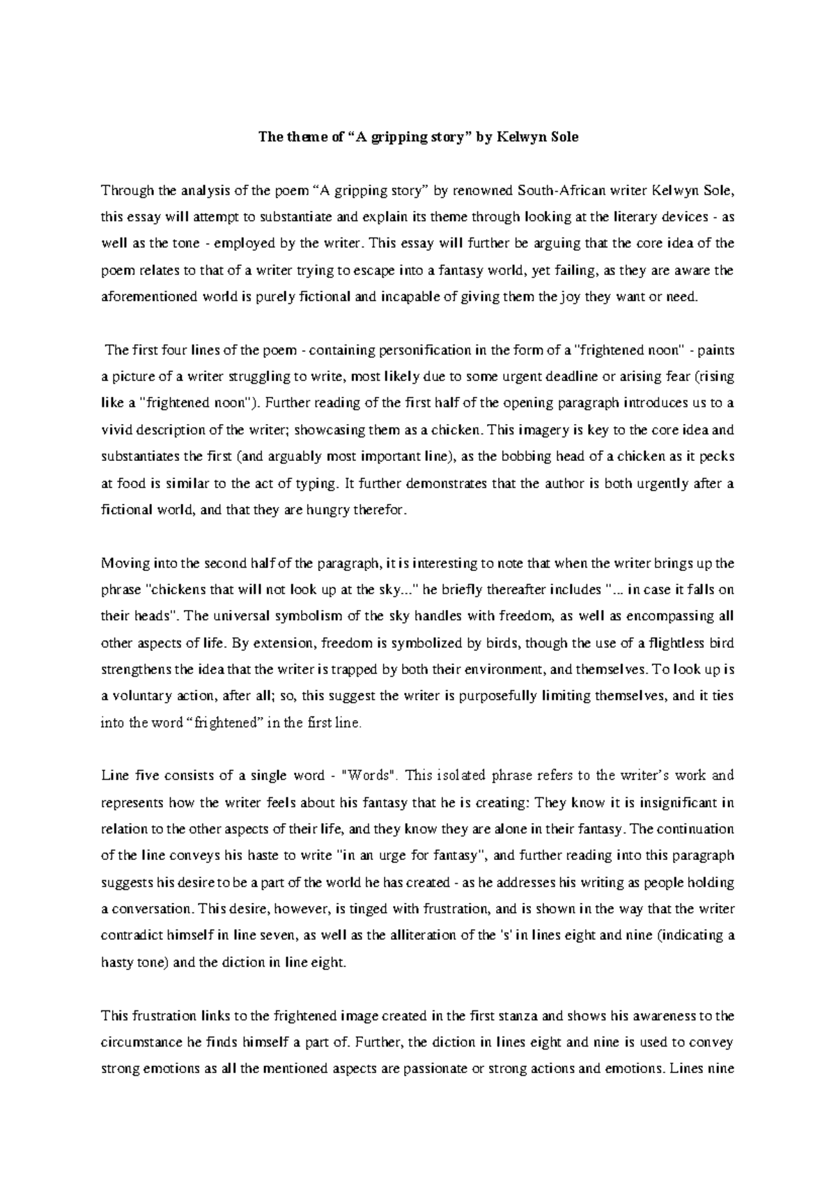Example of a poetry essay - The theme of “A gripping story” by Kelwyn ...