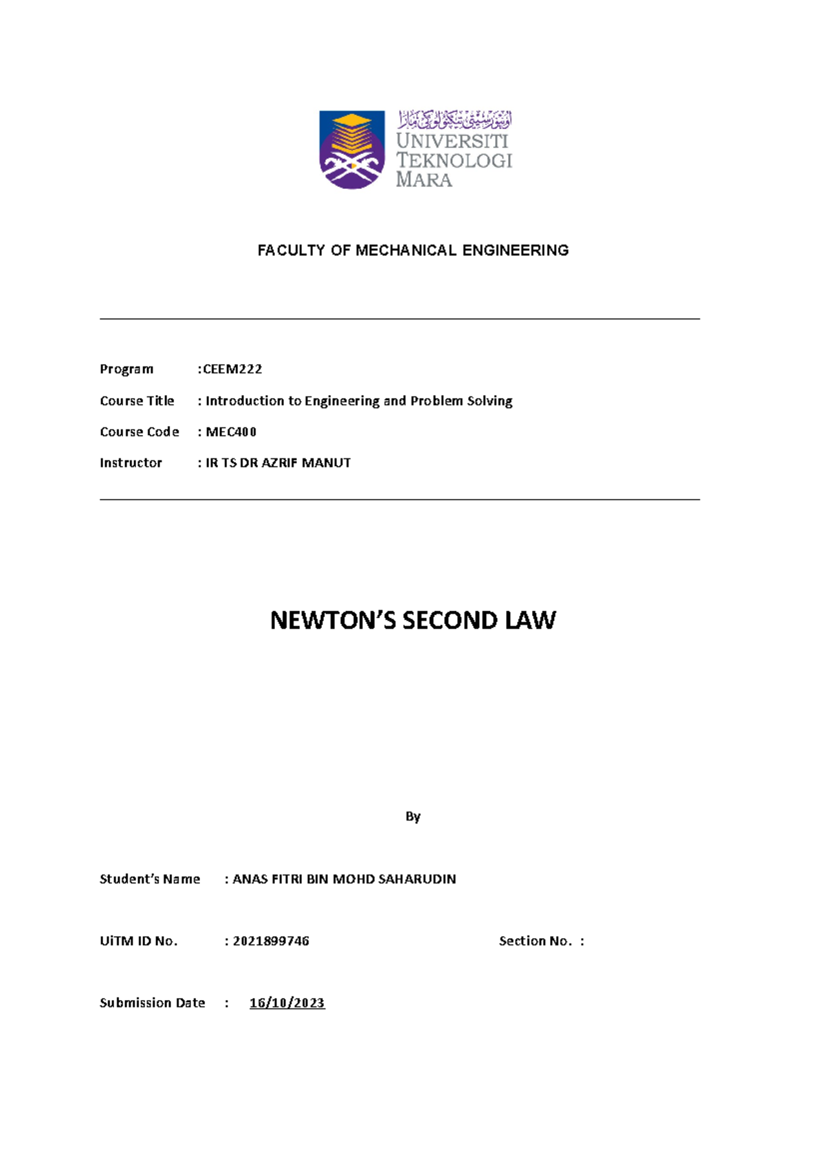 Lab1 mec400 - lab 1 on word - FACULTY OF MECHANICAL ENGINEERING Program :CEEM Course Title ...
