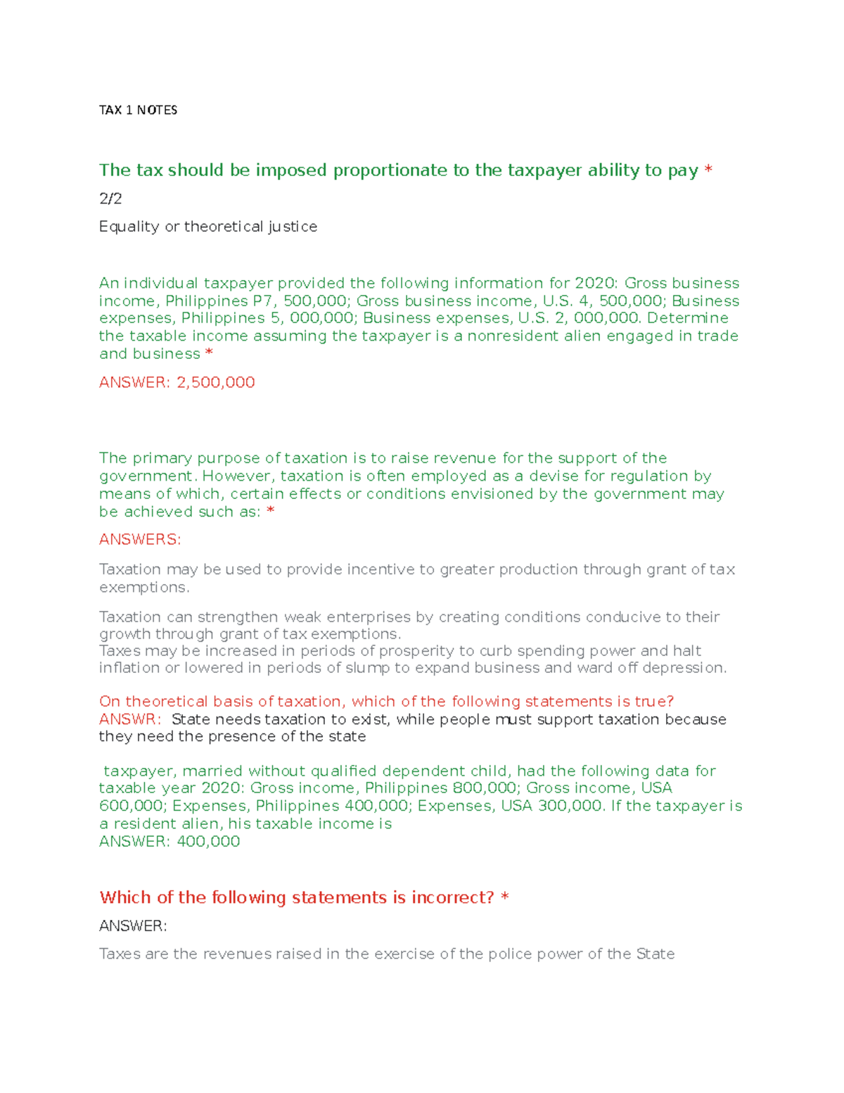 TAX1 Notes - Review materials in Tax Principles - TAX 1 NOTES The tax ...