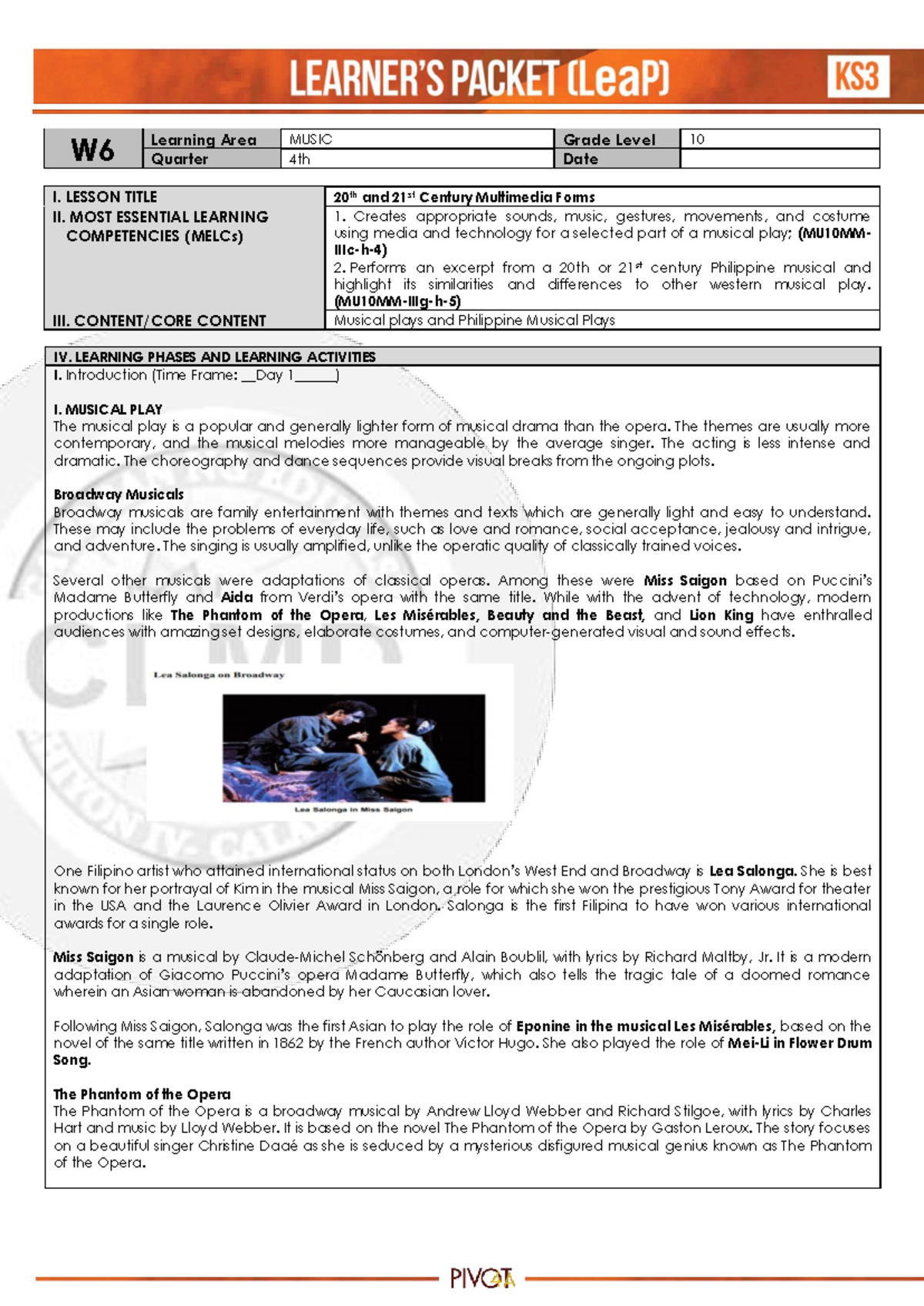 Mapeh Music Week 6 - W 6 Learning Area MUSIC Grade Level 10 Quarter 4th ...