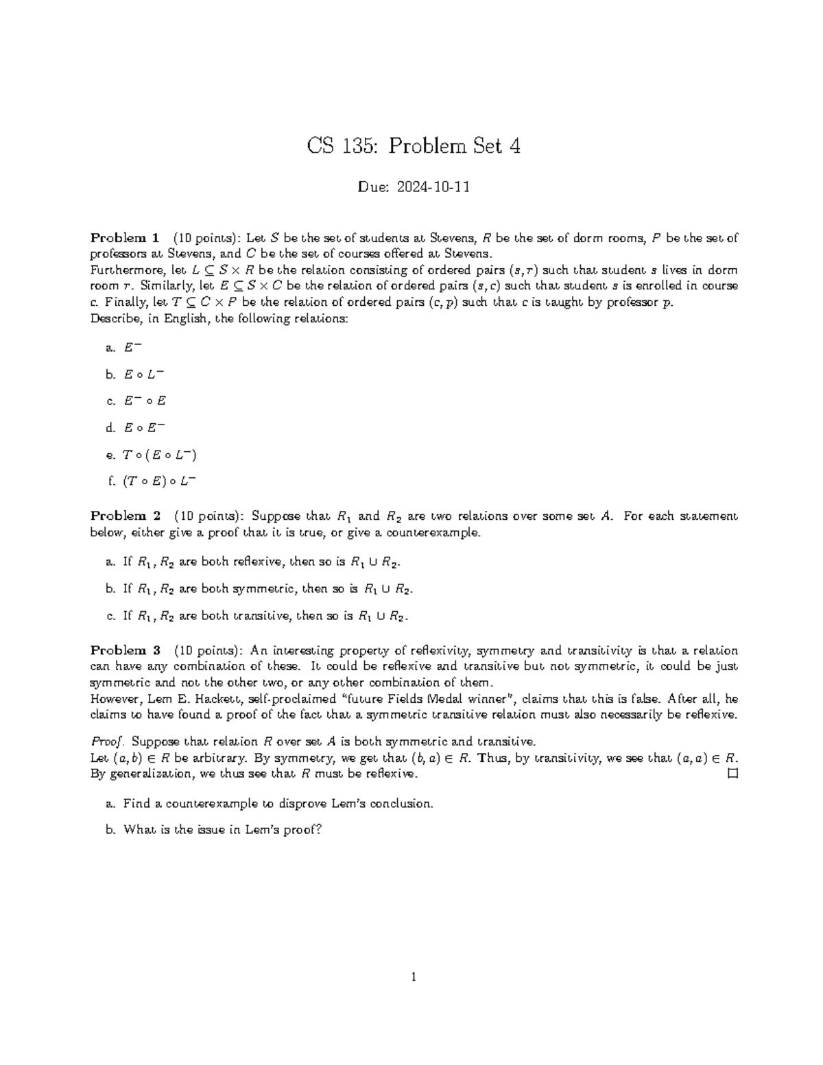 Hw4 - Problem Set 4 - CS 135: Problem Set 4 Due: 2024-10- Problem 1 (10 points): Let S be the ...