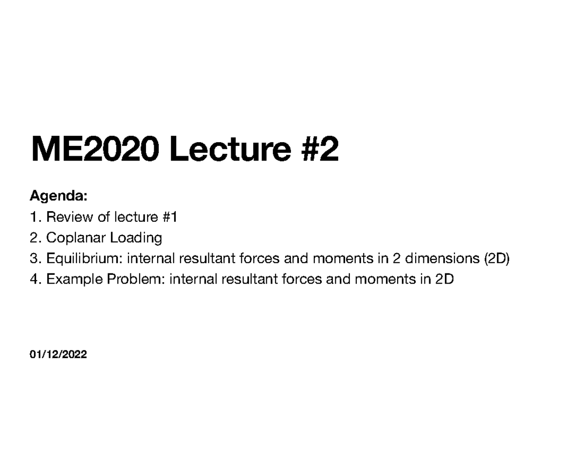 Lecture 2 Finished - 01/12/ ME2020 Lecture Agenda: 1. Review of lecture 2. Coplanar Loading 3 ...