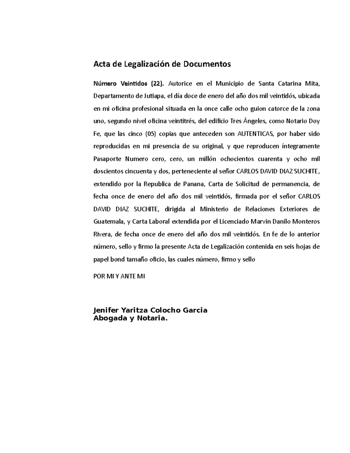 Acta de Legalización de Documentos - Acta de Legalización de Documentos Número Veintidos (22 ...