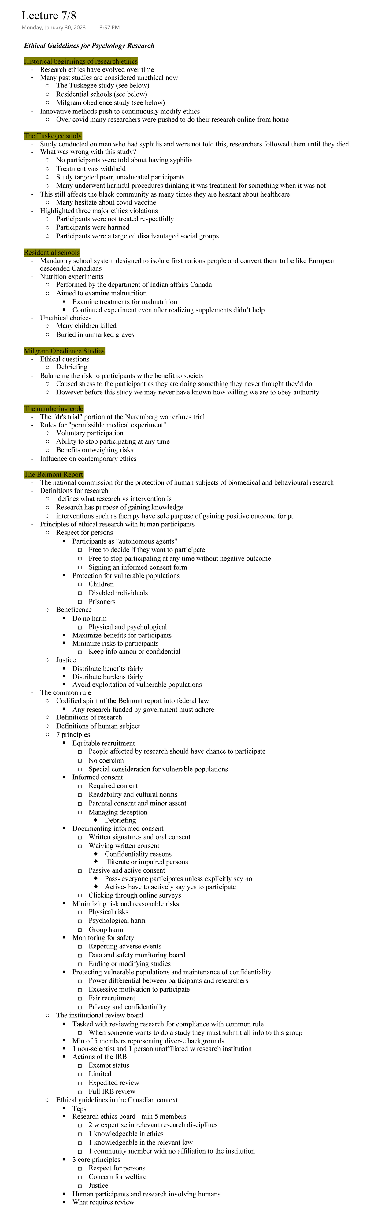 Lecture 7:8-2174 - prof shana kousaie - Ethical Guidelines for Psychology Research Historical ...