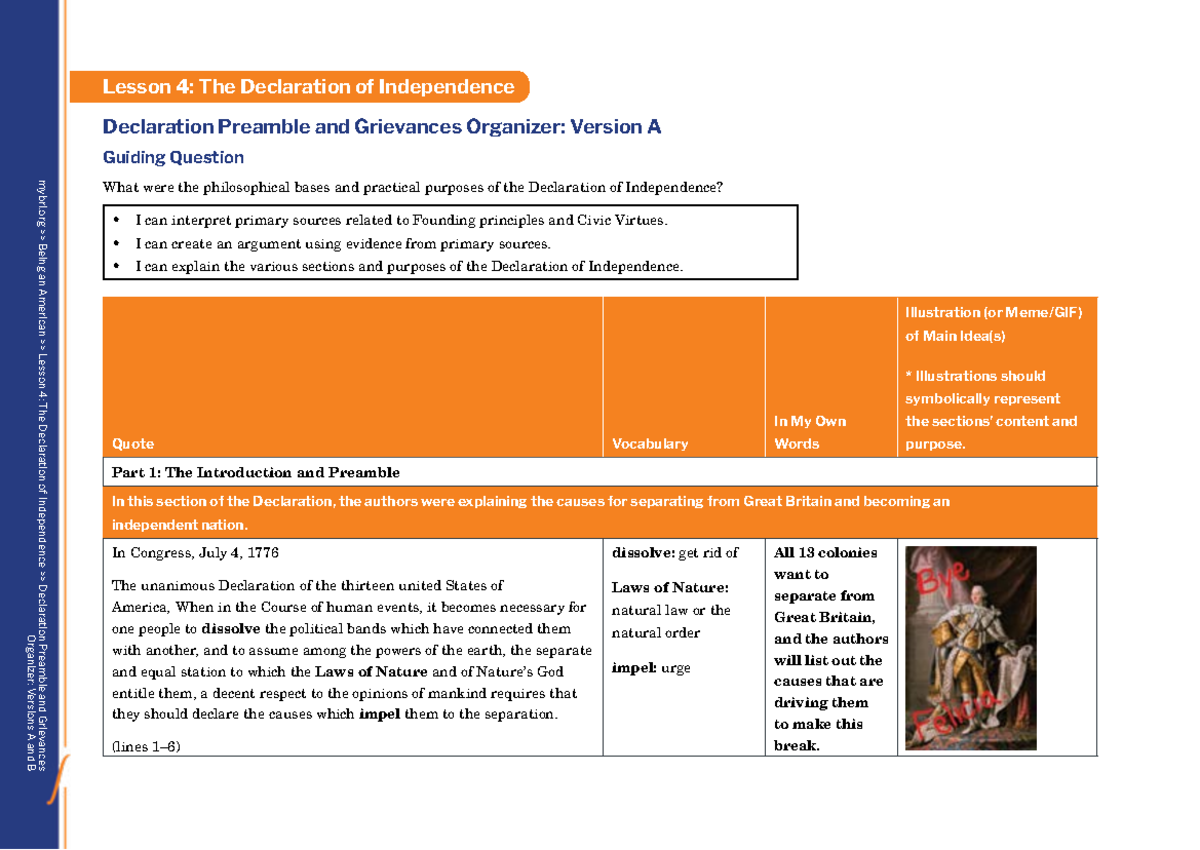 Declaration Preamble and Grievances Organizer Version A - • I can ...