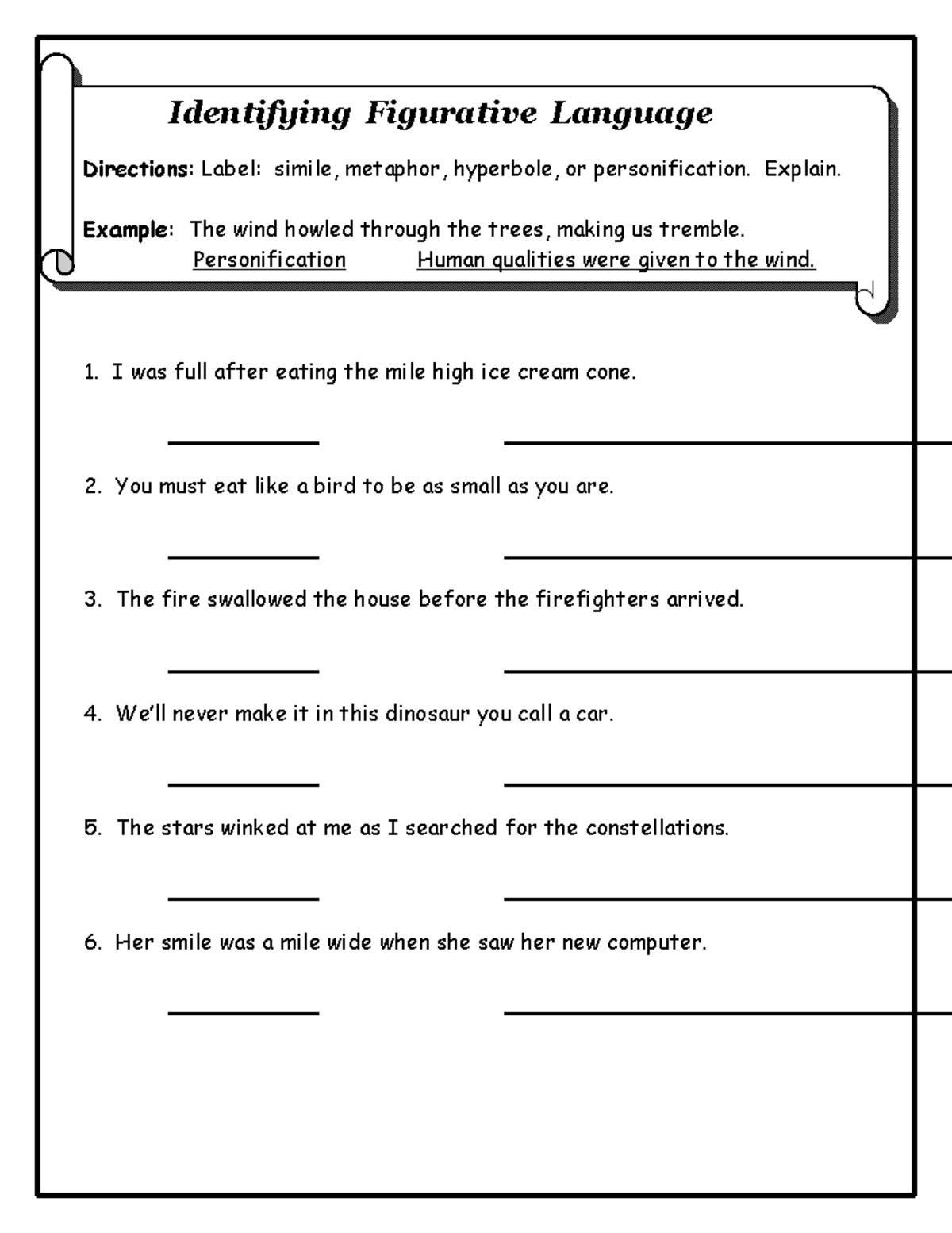 2 - Worksheet - Identifying Figurative Language Directions: Label ...