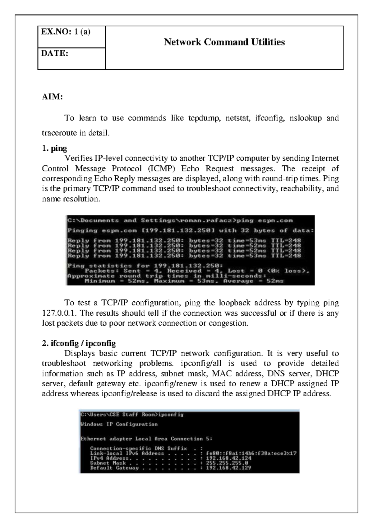 Networks Lab Record Aim To Learn To Use Commands Like Tcpdump Netstat Ifconfig Nslookup