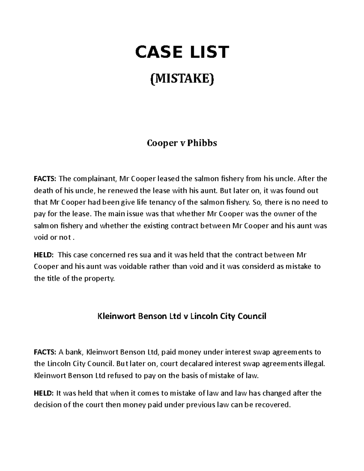 Common Mistake Cases in Contract Law - Studocu