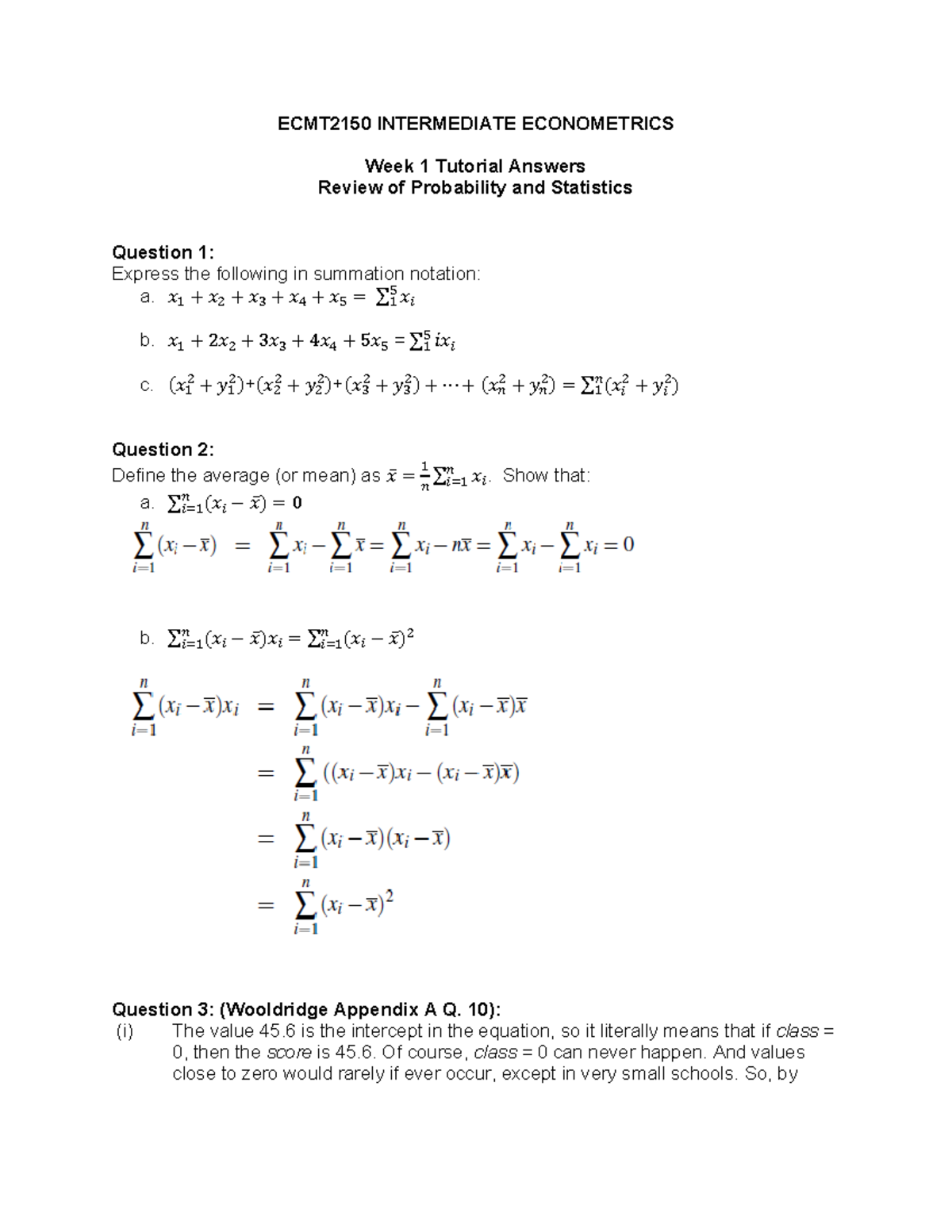 Week 1 Tutorial Answers Ecmt2150 Intermediate Econometrics Week 1 Tutorial Answers Review Of