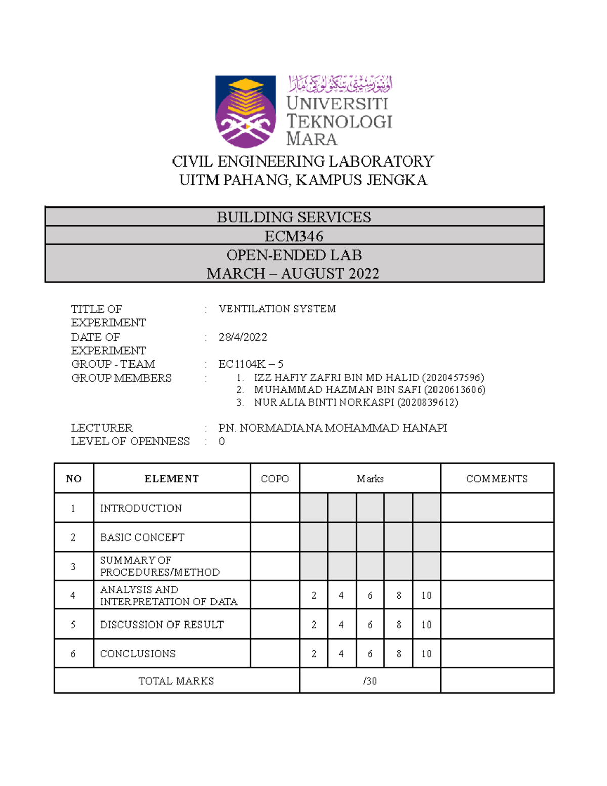 LAB Report ECM346 Level 1 Lab Report - Ventilation System Group-5 ...