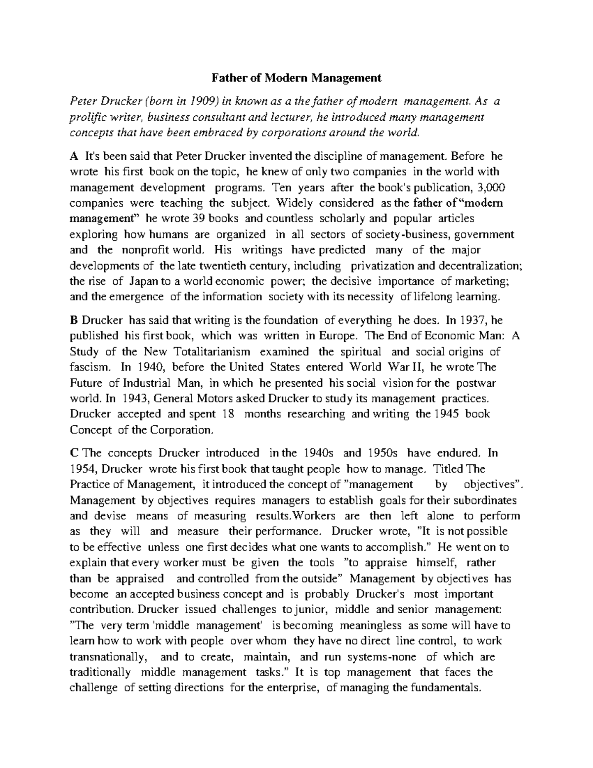 Reading test 2 for bec - Father of Modern Management Peter Drucker ...