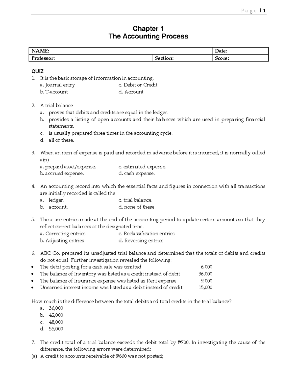 QUIZ 1 Chapter 1 Accounting Process - P a g e | 1 Chapter 1 The ...