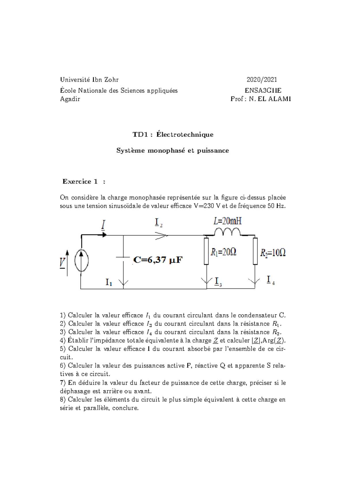 3 TD1-3G2IE-20 - Système triphasé et puissance - Universit ́e Ibn Zohr 2020/ Ecole Nationale des ...