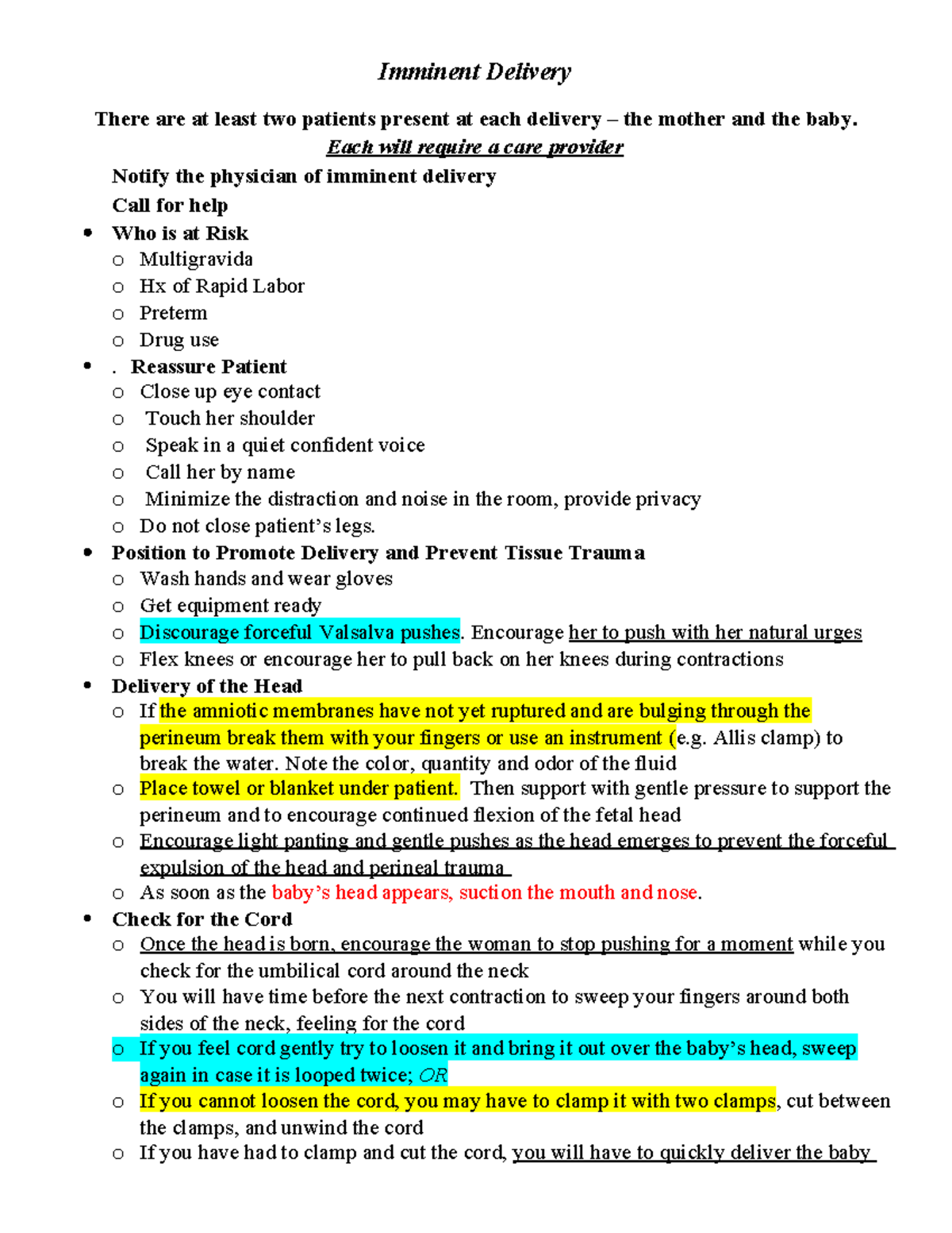 Caring for a patient with an Imminent Delivery handout - Imminent ...