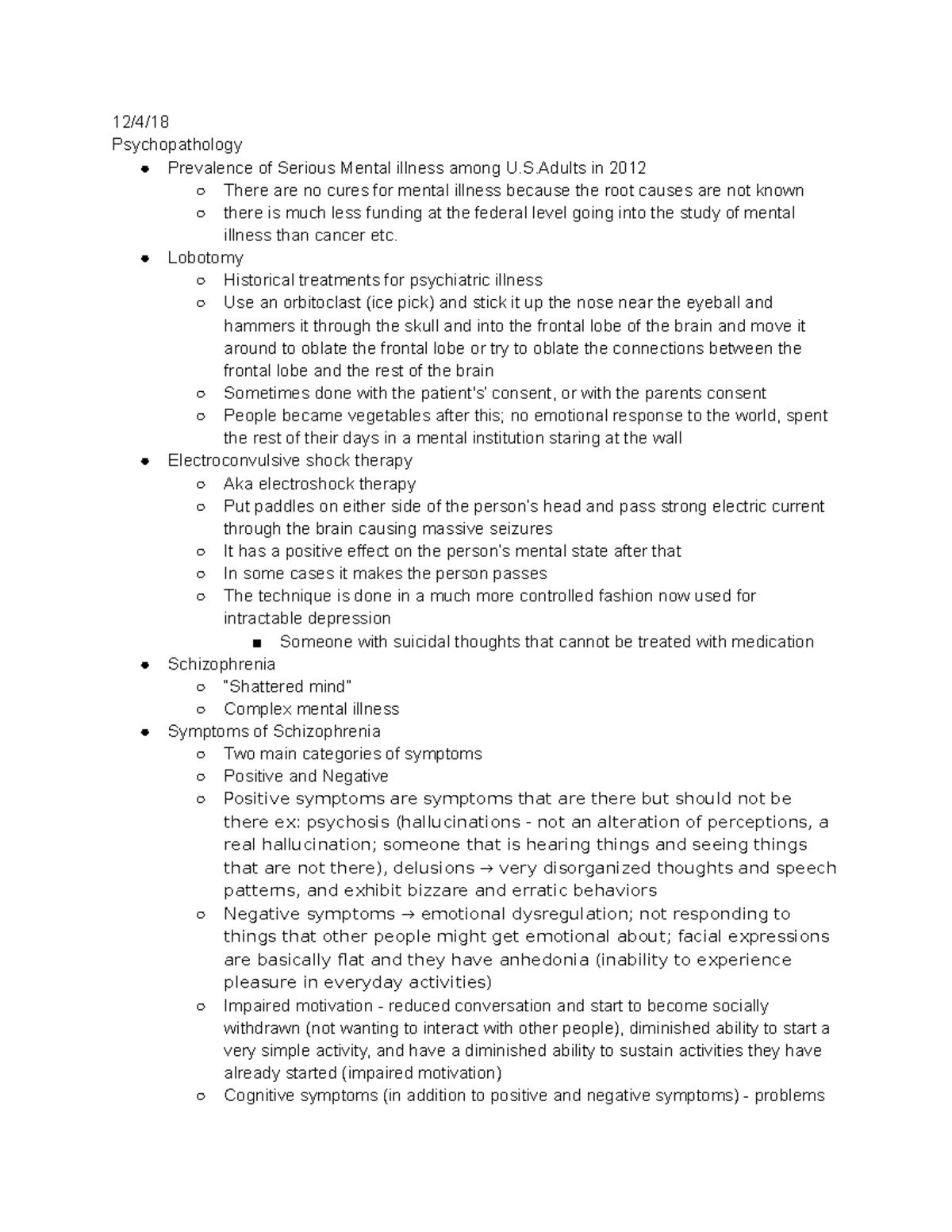 Brain and Behavior Final Notes - 12/4/ Psychopathology Prevalence of ...
