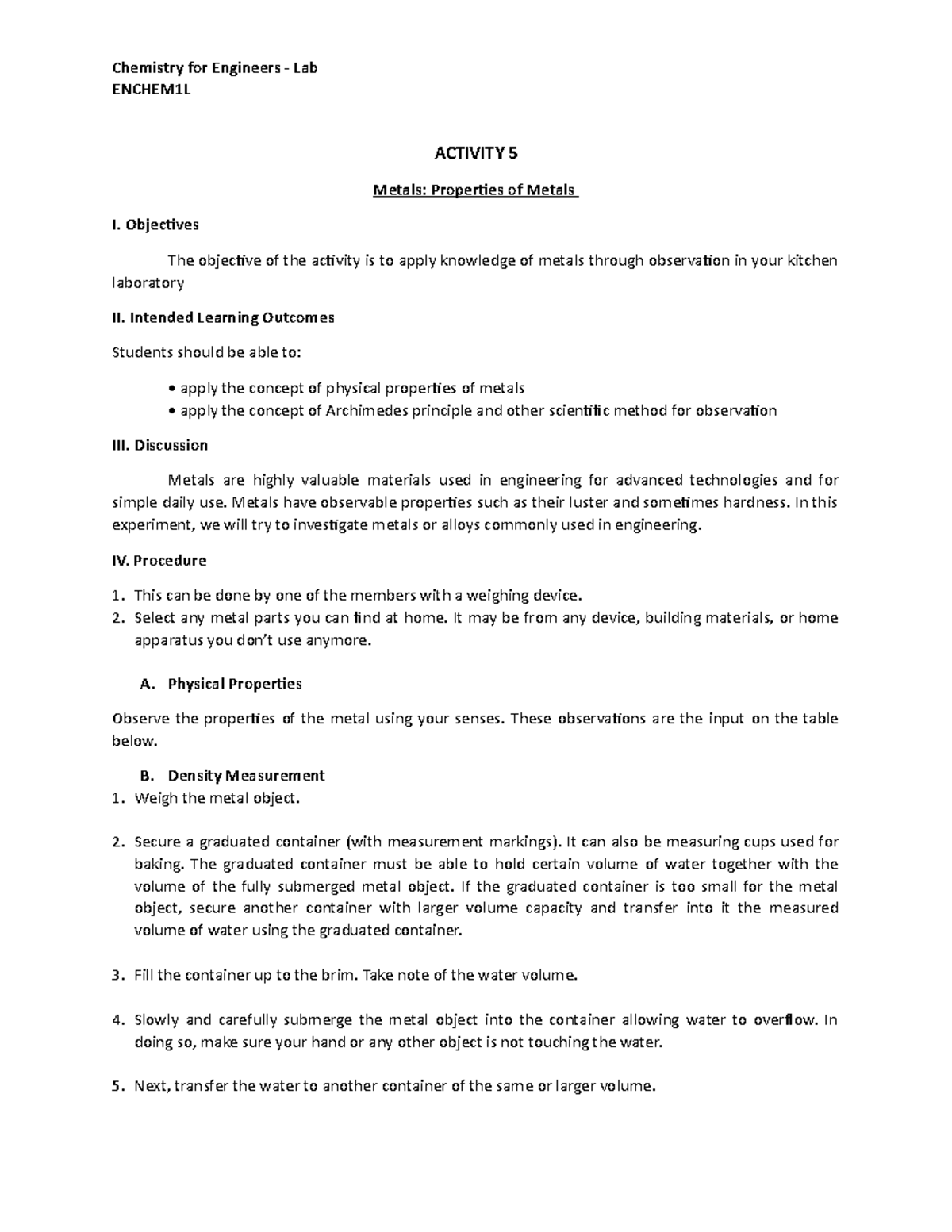 Chemistry Laboratory - ENCHEM1L ACTIVITY 5 Metals: Properties of Metals ...