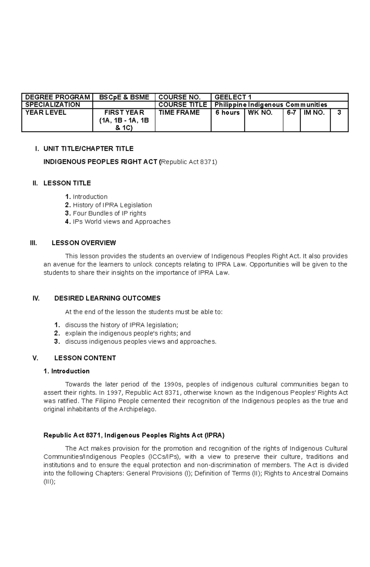 Philippine Indigenous Communities 3rd module - DEGREE PROGRAM BSCpE & BSME COURSE NO. GEELECT 1 ...