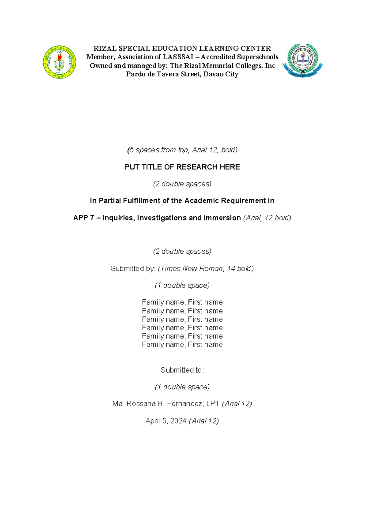 Research Format - RIZAL SPECIAL EDUCATION LEARNING CENTER Member ...