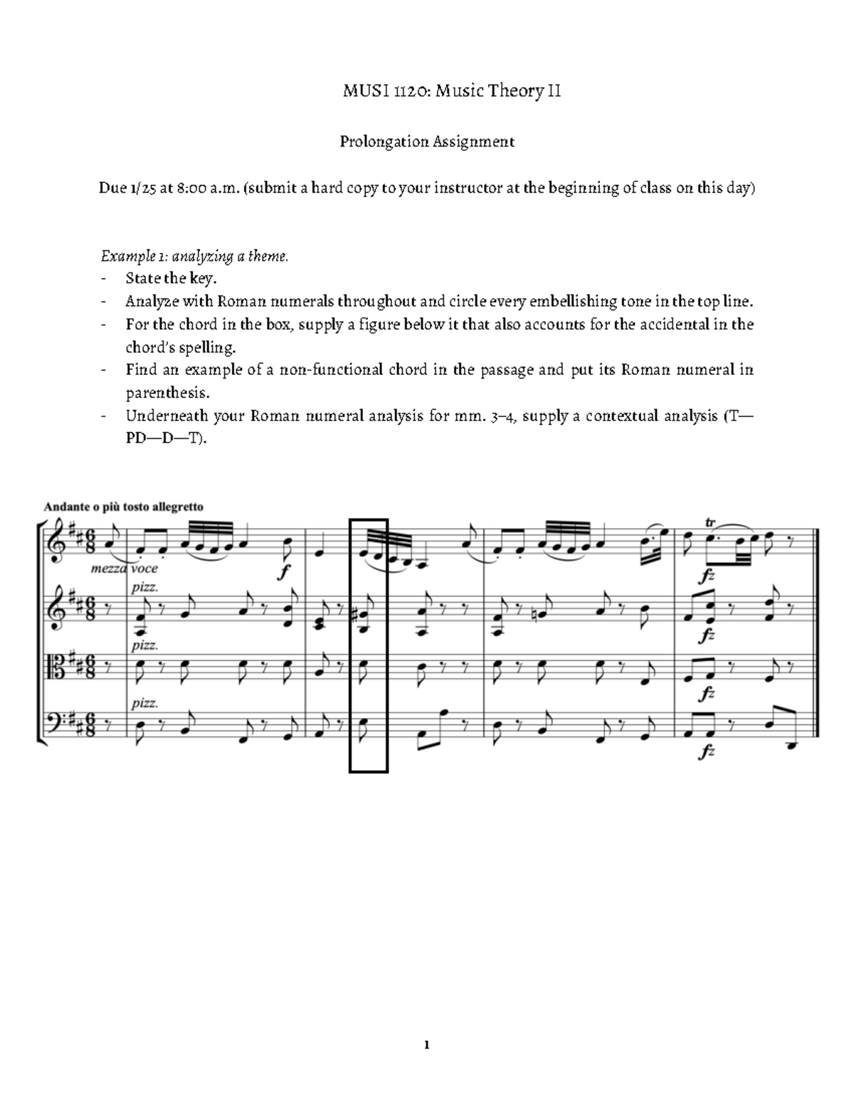 Prolongation Assignment - 1 MUSI 11 2 0: Music Theory II Prolongation ...