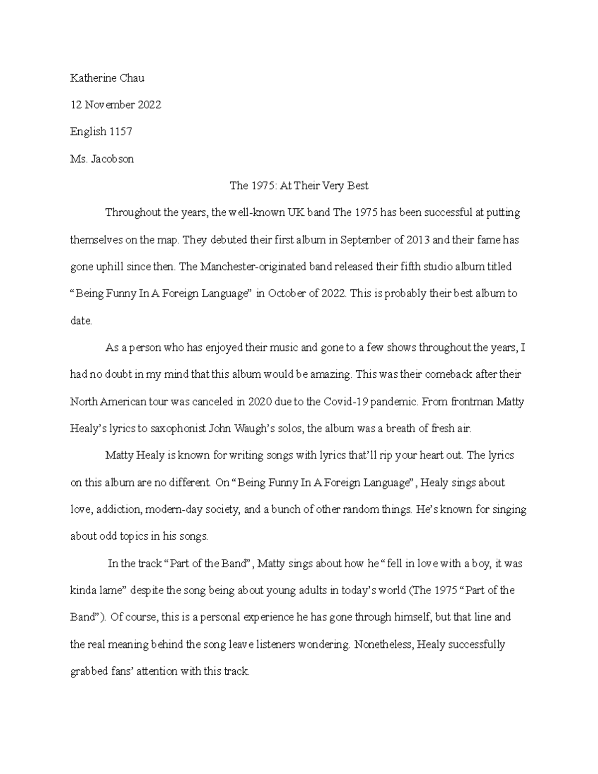The Review (Final Draft) - Katherine Chau 12 November 2022 English 1157 ...