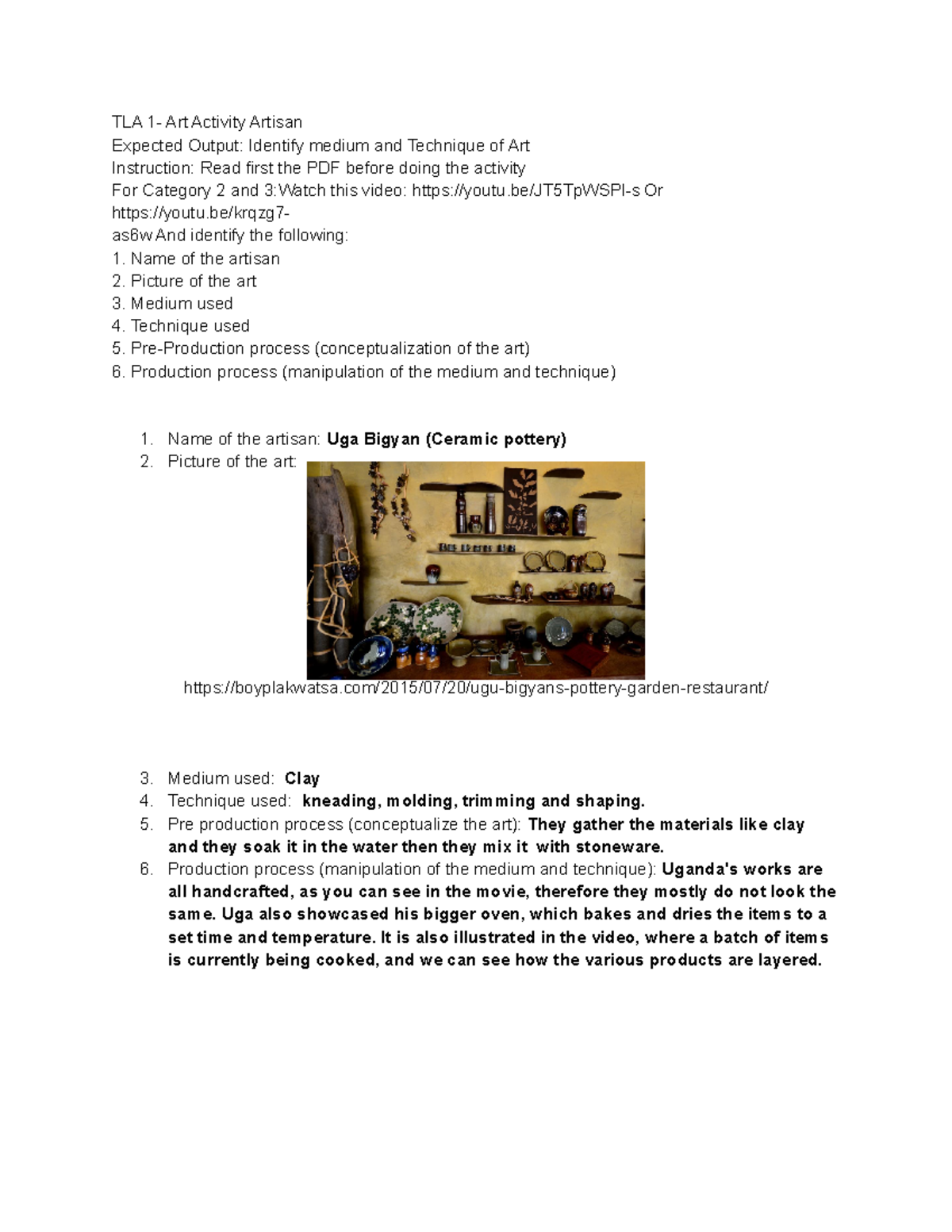 Topic 5- Assessment- Art Appreciation - TLA 1- Art Activity Artisan ...