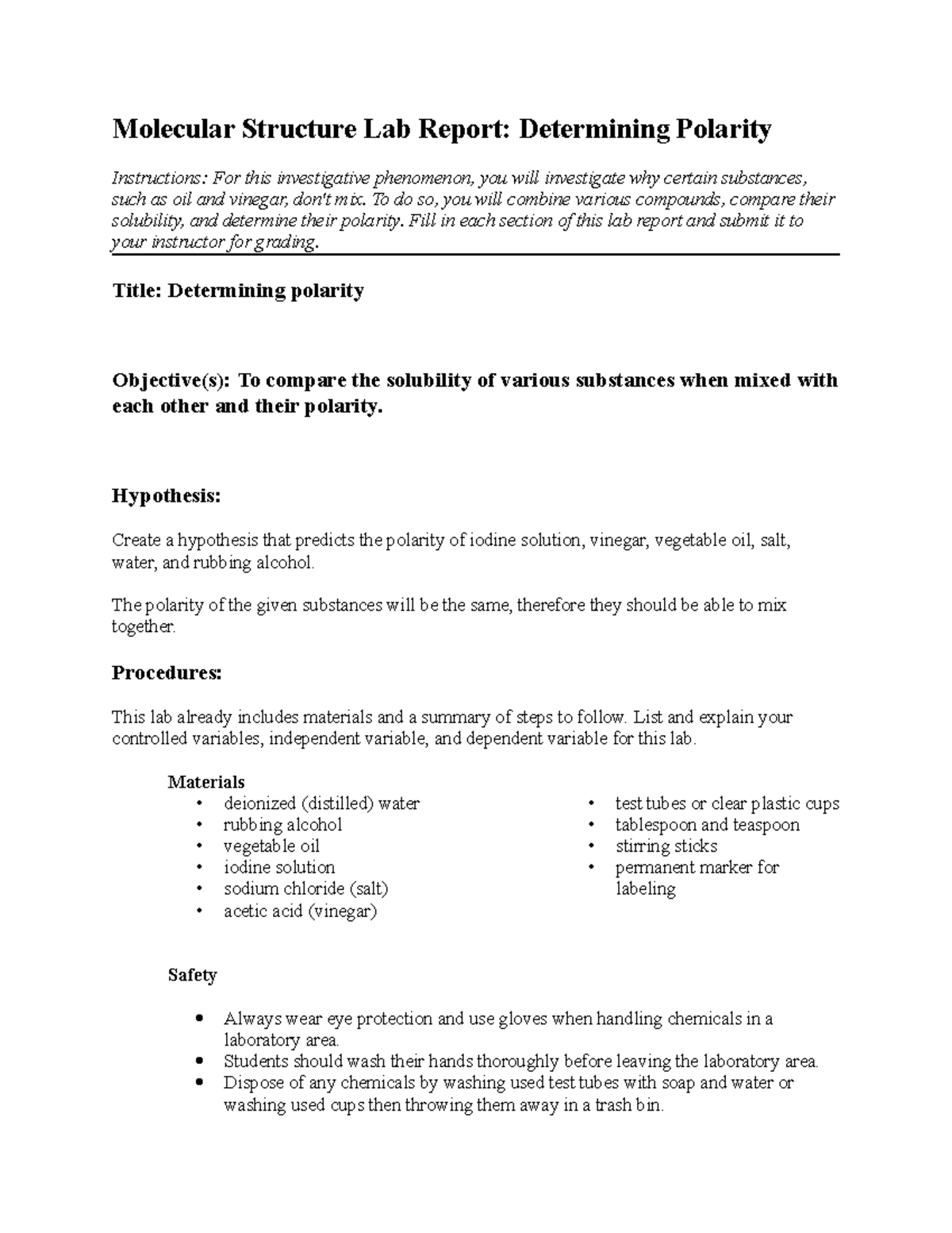 Lab report - Molecular Structure Lab Report: Determining Polarity ...