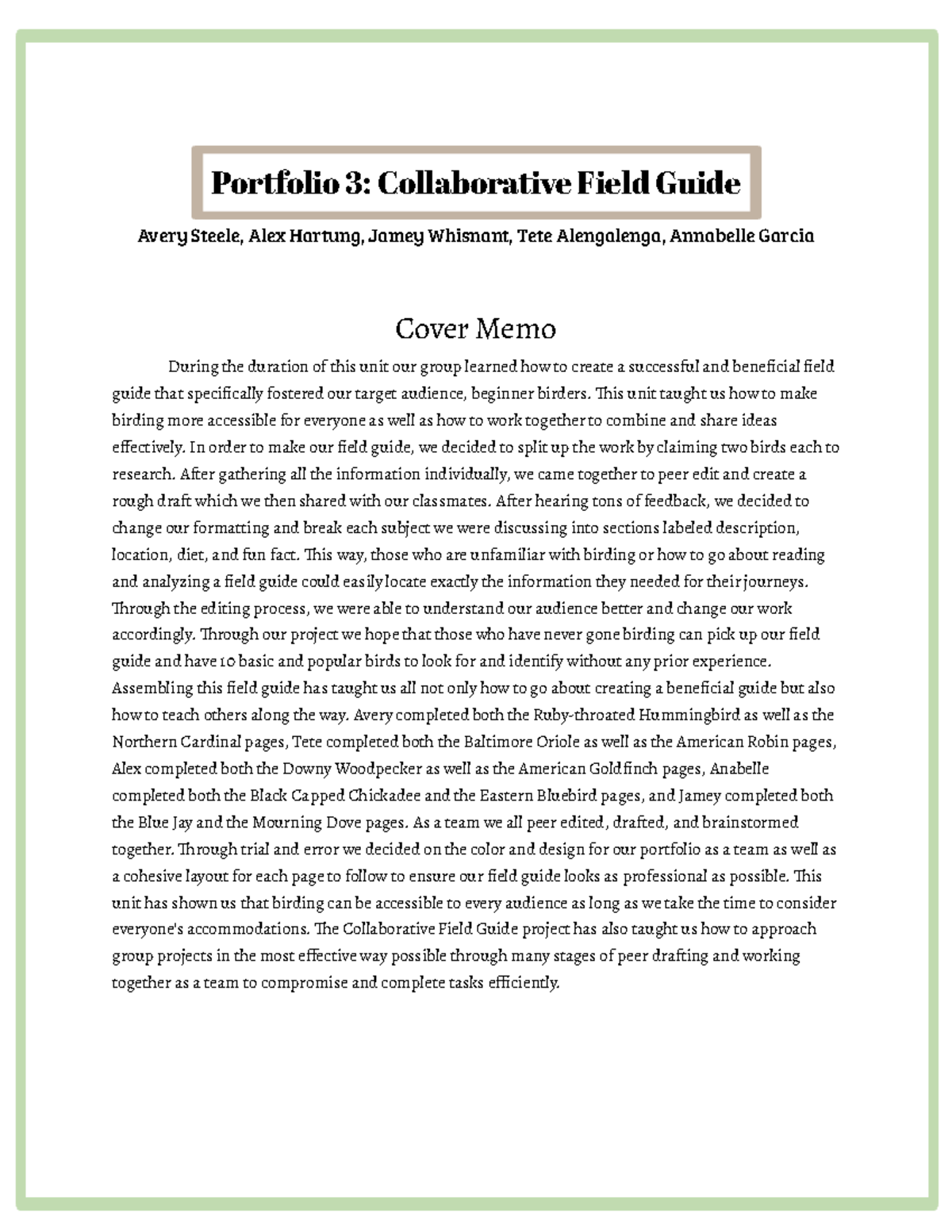 Portfolio 3 Collaborative Field Guide - Portfolio 3: Collaborative ...