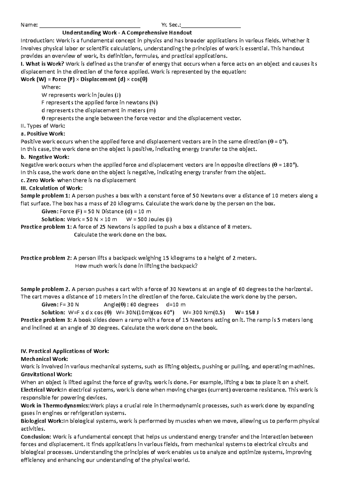 Work Handout - Project - Name: ________________________________ Yr. Sec